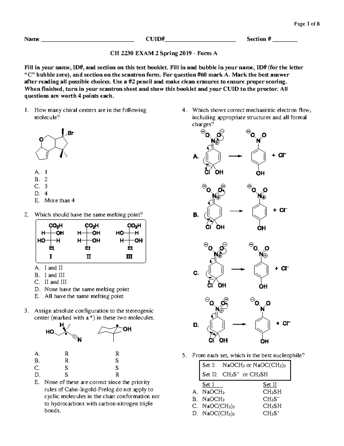 CH2230 Exam 2 Spring 2019 Form A - Name ...