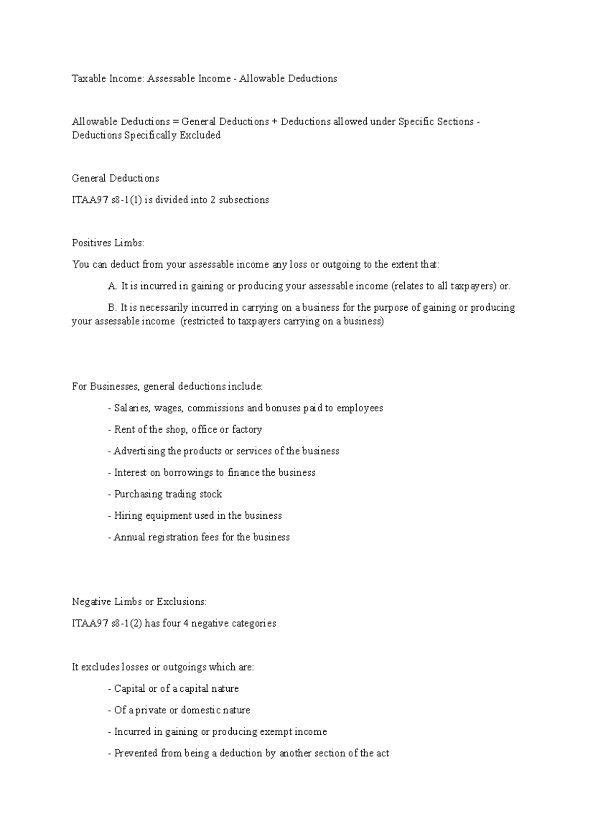 General Deductions - lecture notes - Taxable Income: Assessable Income ...