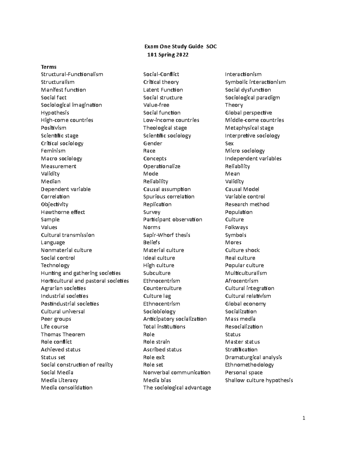 Exam One Study Guide 1 - Terms Exam One Study Guide SOC 101 Spring 2022 Structural-Functionalism ...