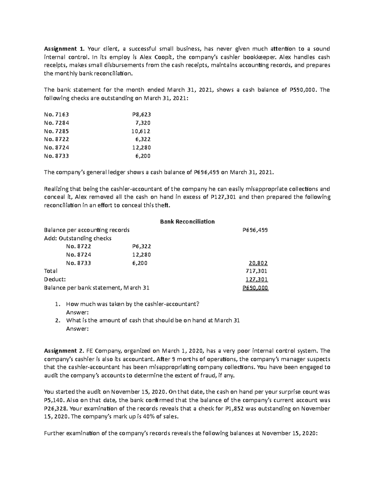 Assignment-1ooooooooooooooooooo in auditing problems - Assignment 1 ...