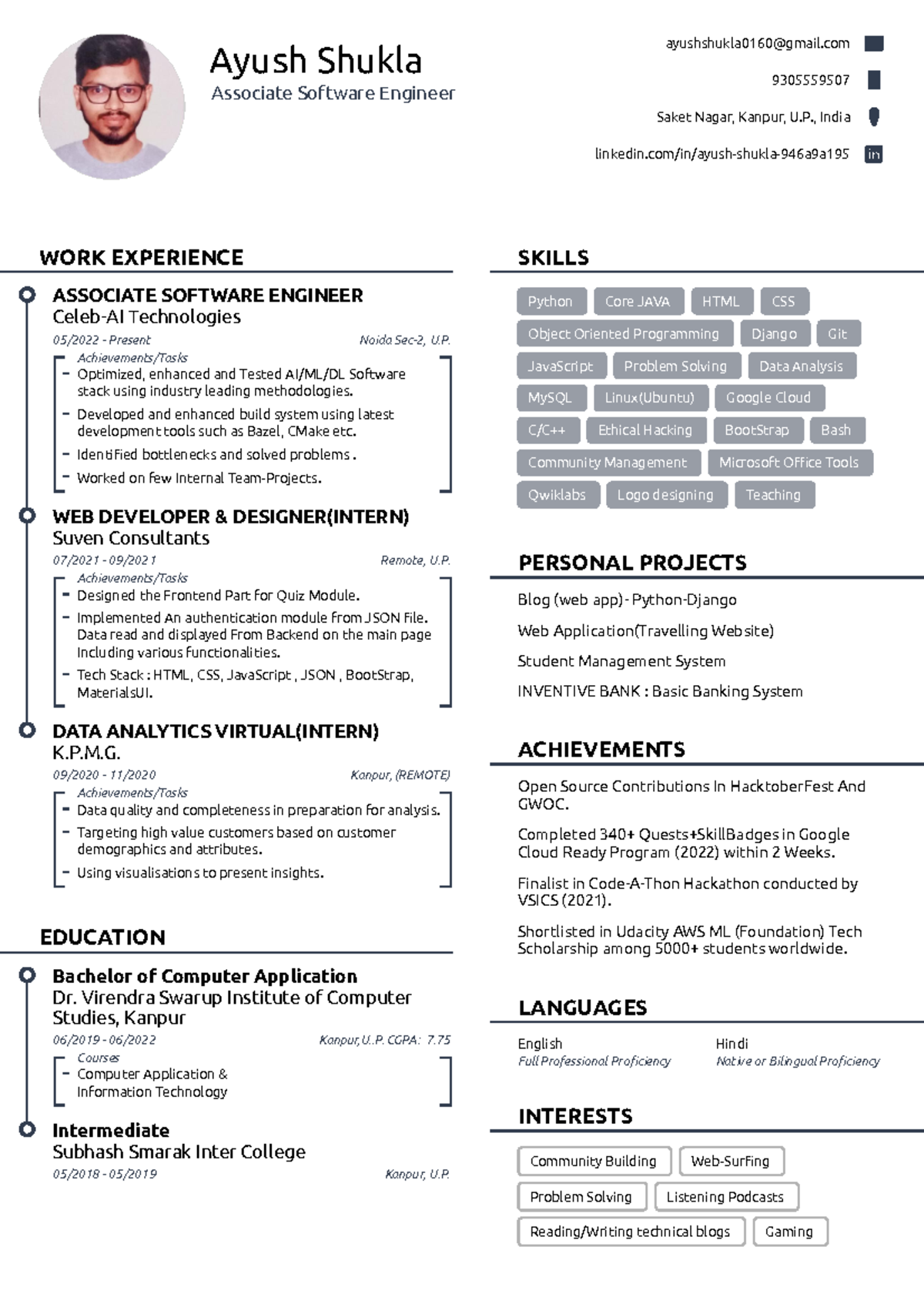 CV Ayush Shukla - i fresco play - Ayush Shukla Associate Software Engineer ayushshukla0160@gmail ...