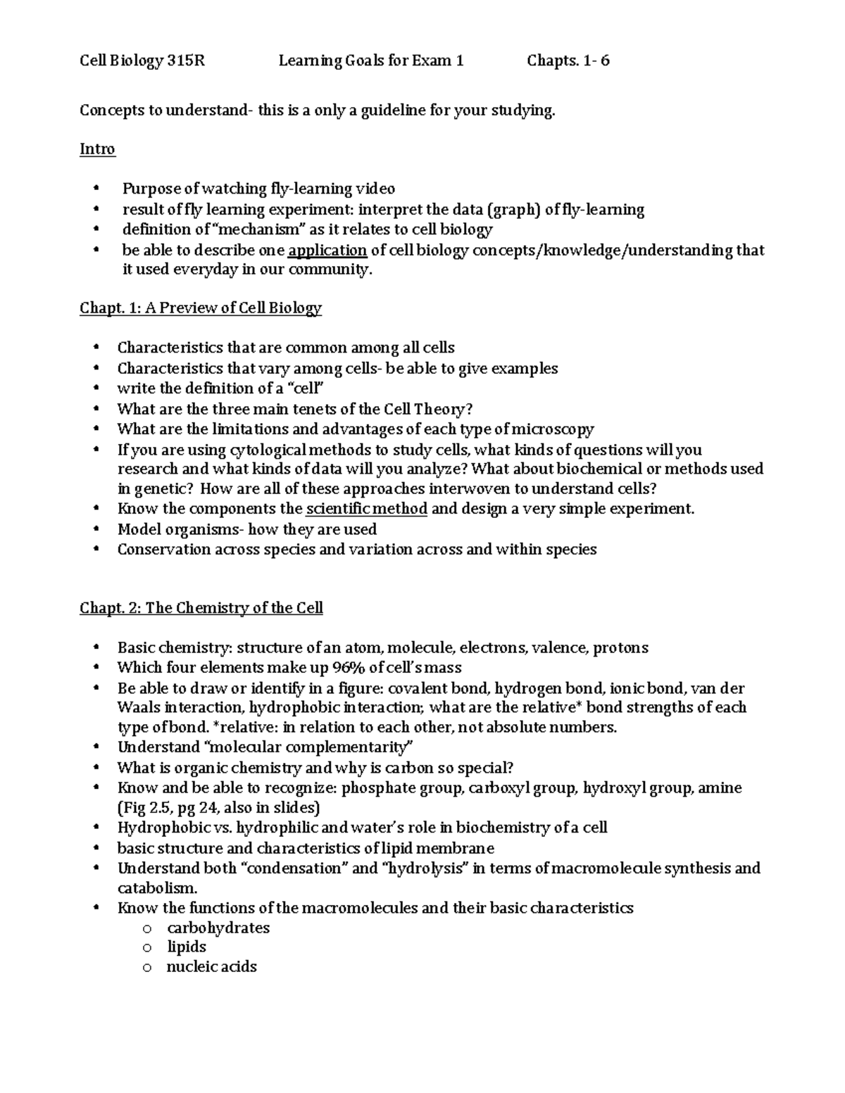 Everything you should know for exam 1 - Cell Biology 315R Learning ...