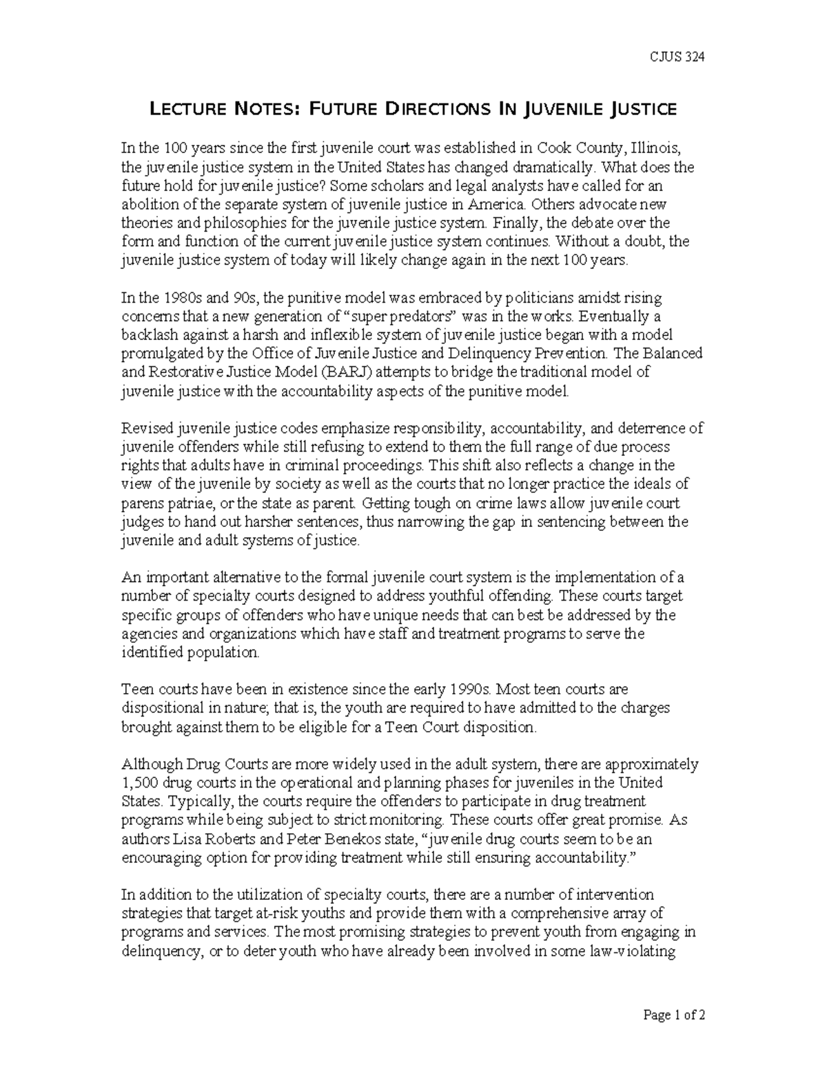 Lecture Notes Future Directions in Juvenile Justice - CJUS 324 LECTURE ...