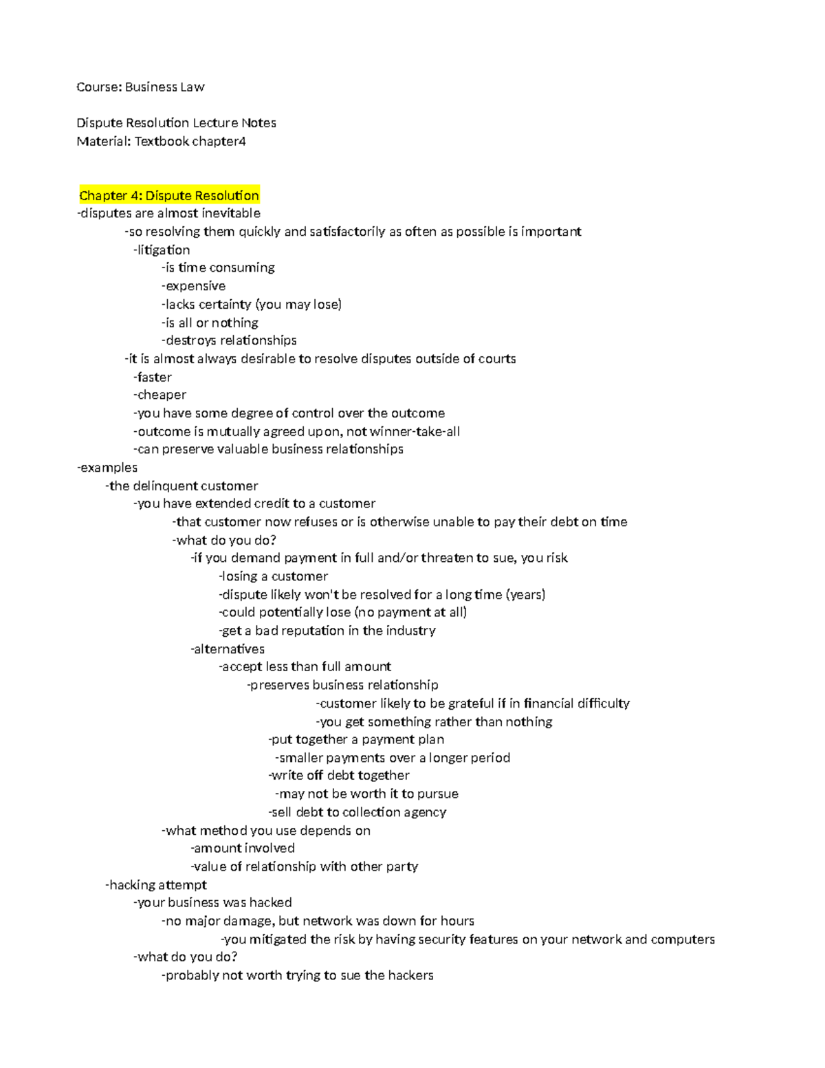 Chapter 4 Dispute Resolution Notes - Course: Business Law Dispute ...