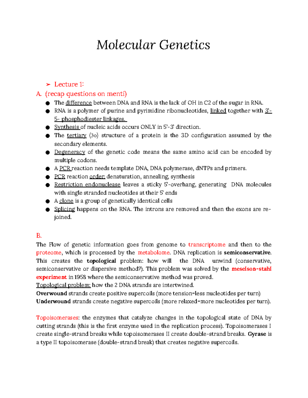 Molecular Genetics - Molecular Genetics Lecture 1: A. (recap questions ...