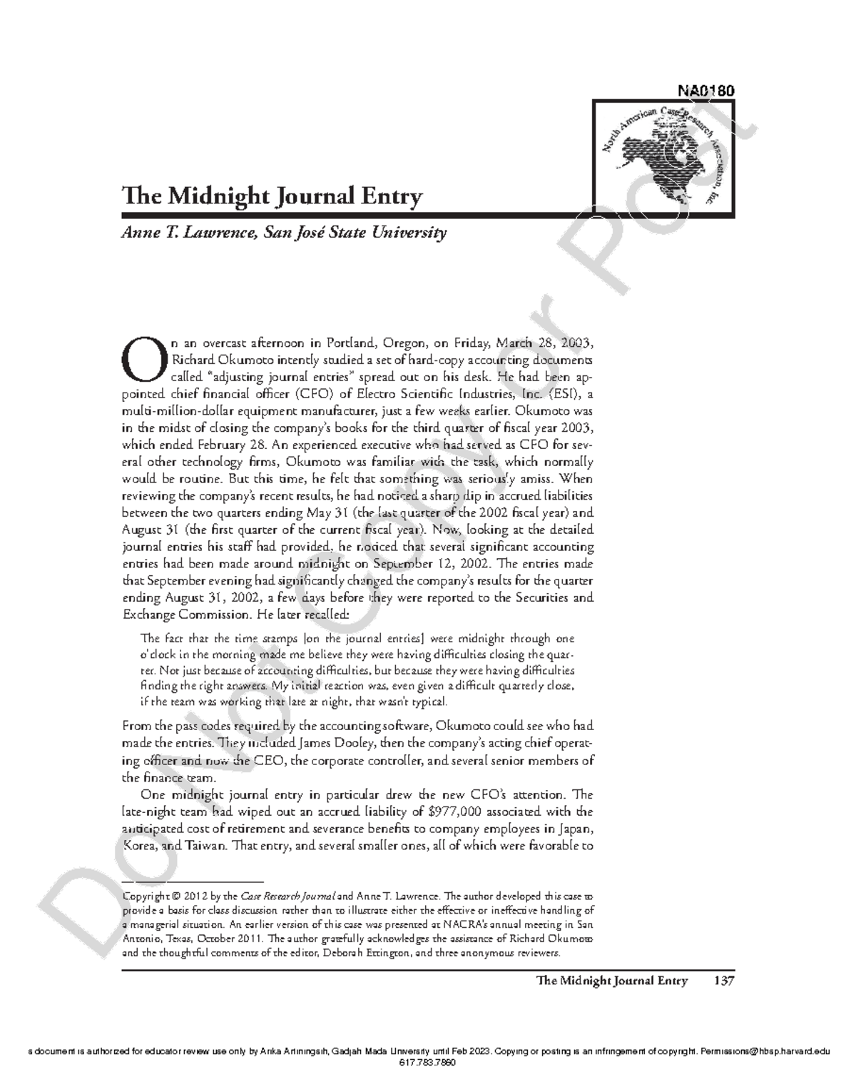 business ethics articel - e Midnight Journal Entry 137 e Midnight Journal Entry Anne T. Lawrence ...