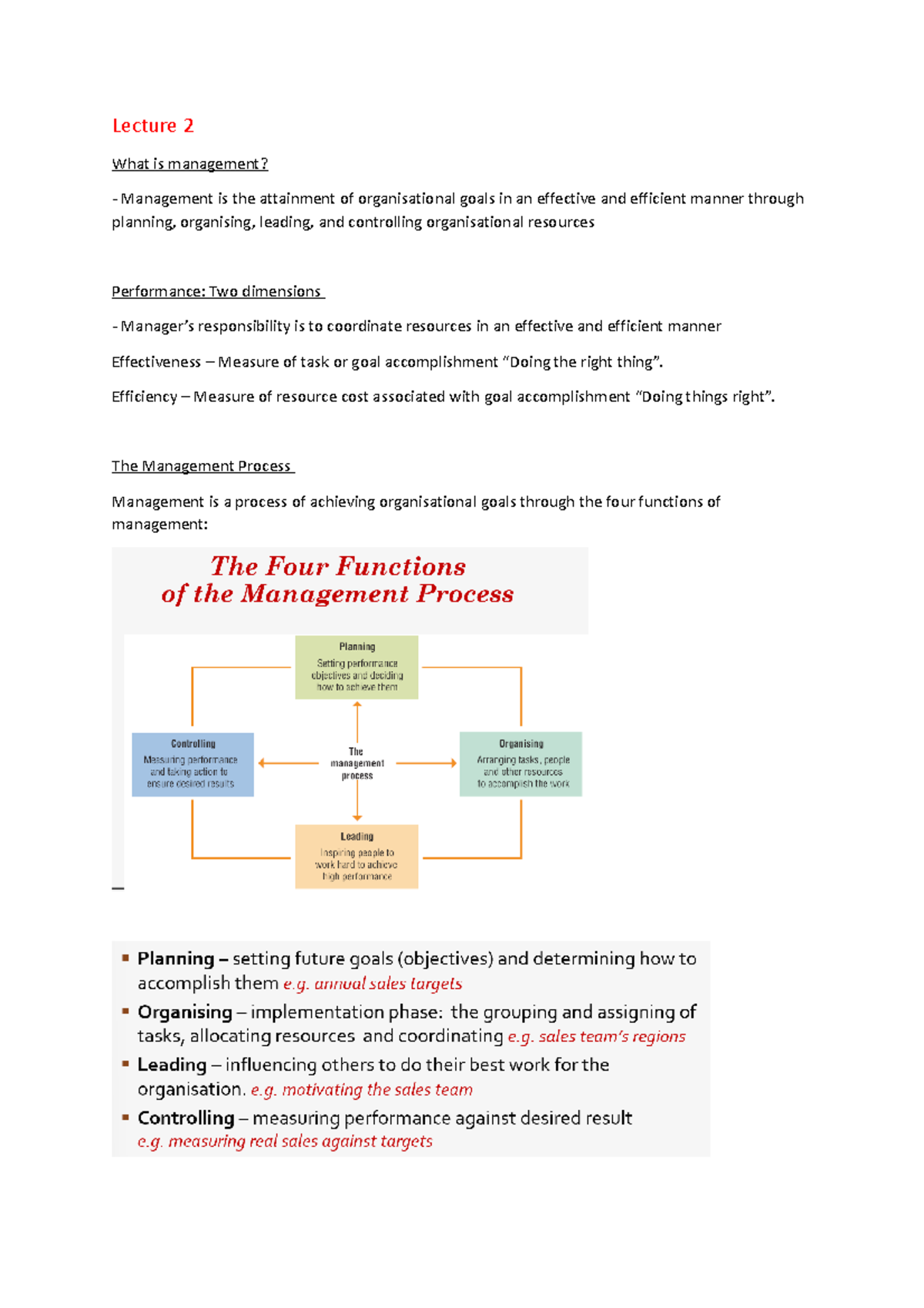 MGMT100 Notes - Lecture 2 What is management? Management is the ...