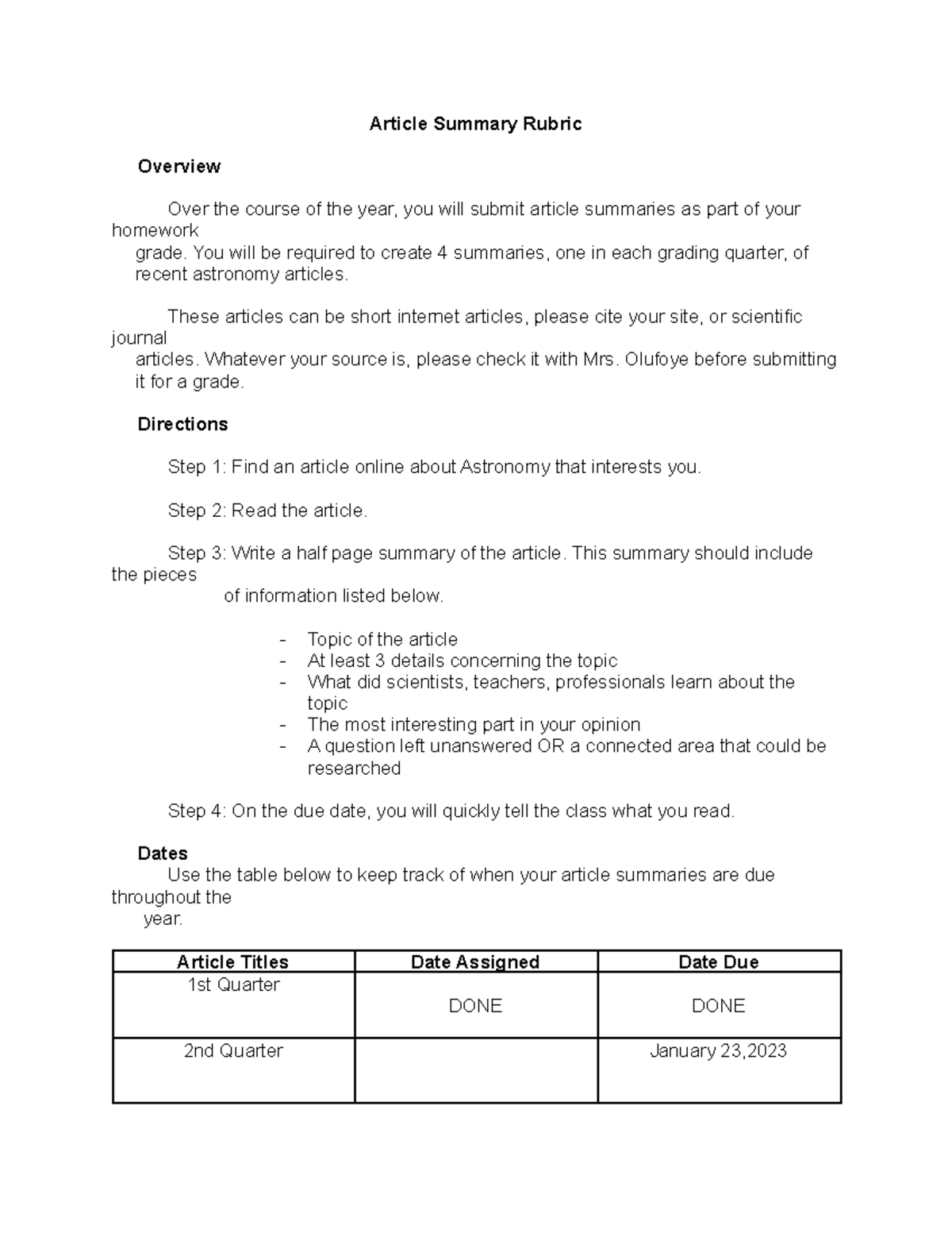 Marceline's Copy of Article Summary + Rubric-2 - Article Summary Rubric ...