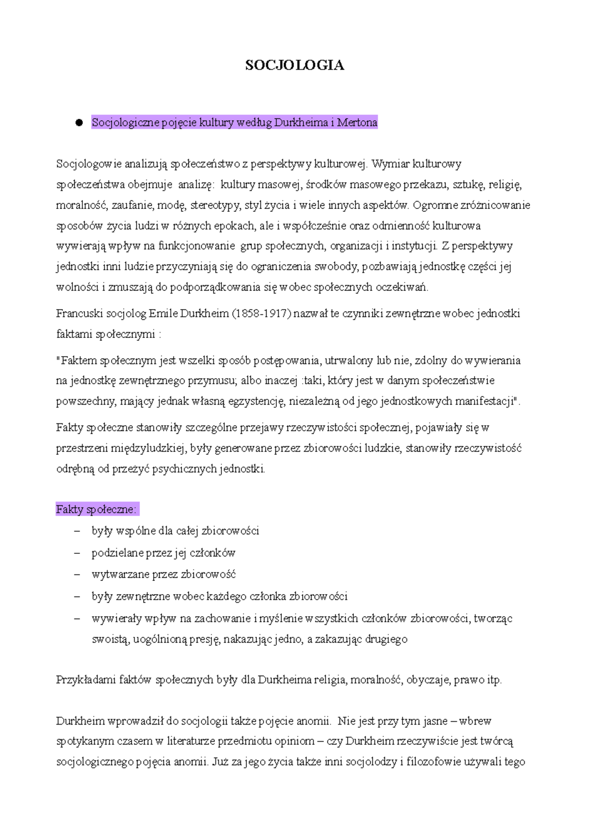 Socjologia-notatki - SOCJOLOGIA Socjologiczne pojęcie kultury według Durkheima i Mertona - Studocu