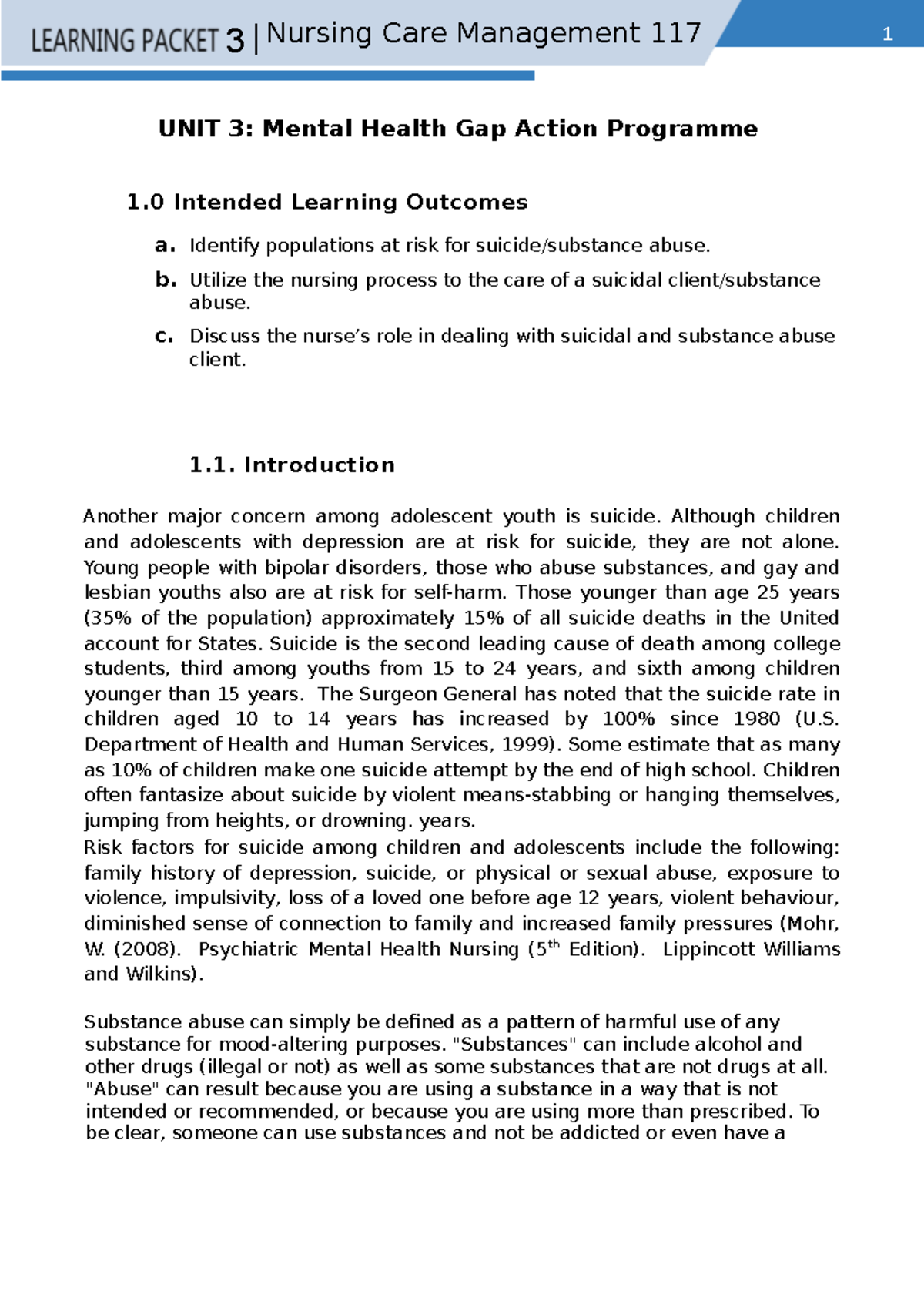 LP3 Sabio - Nursing - 3 | UNIT 3: Mental Health Gap Action Programme 1 ...