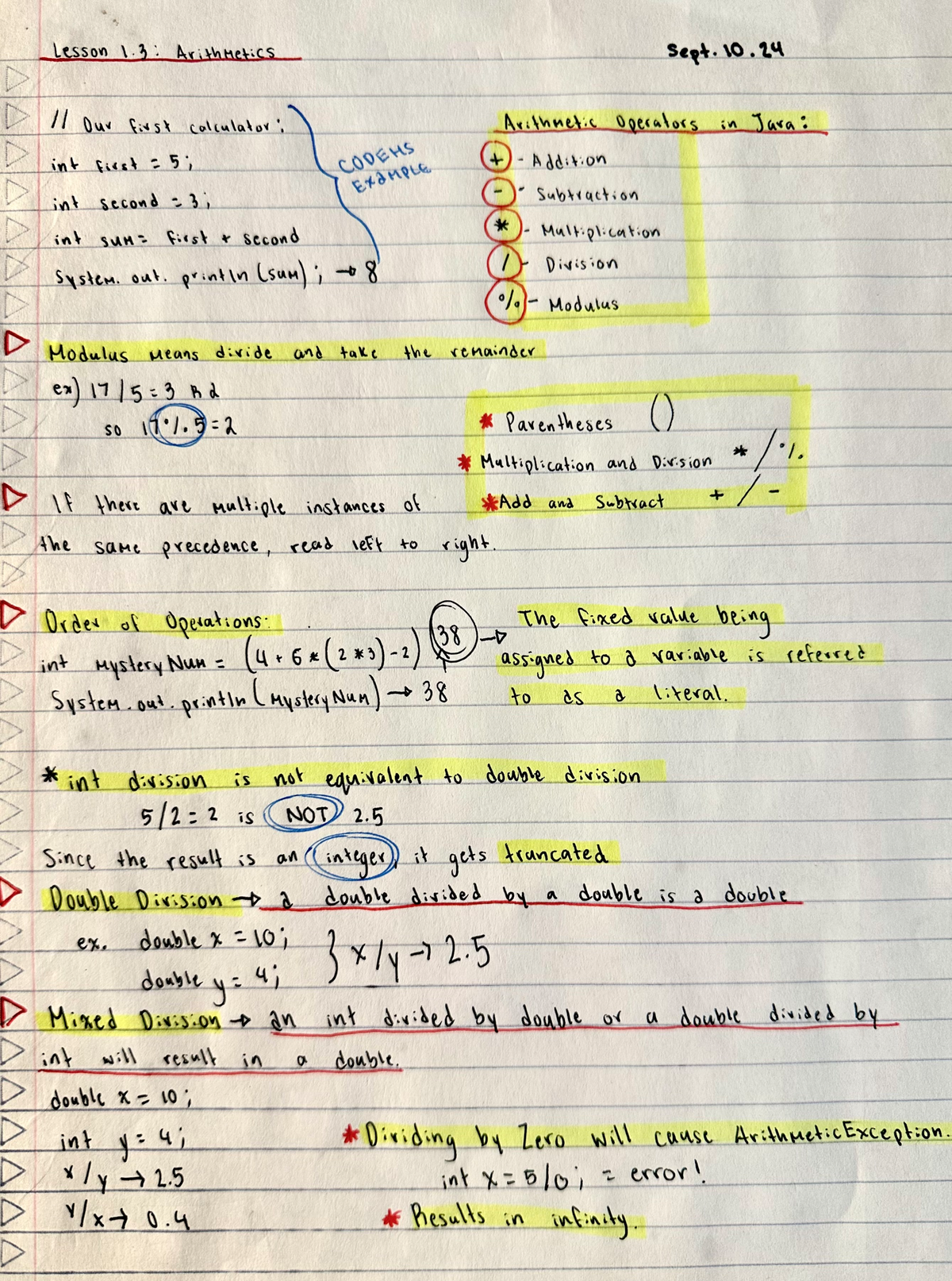 IMG 8115 - Notes - Lesson 1: ArithMetics Sept.10 11 Our first ...