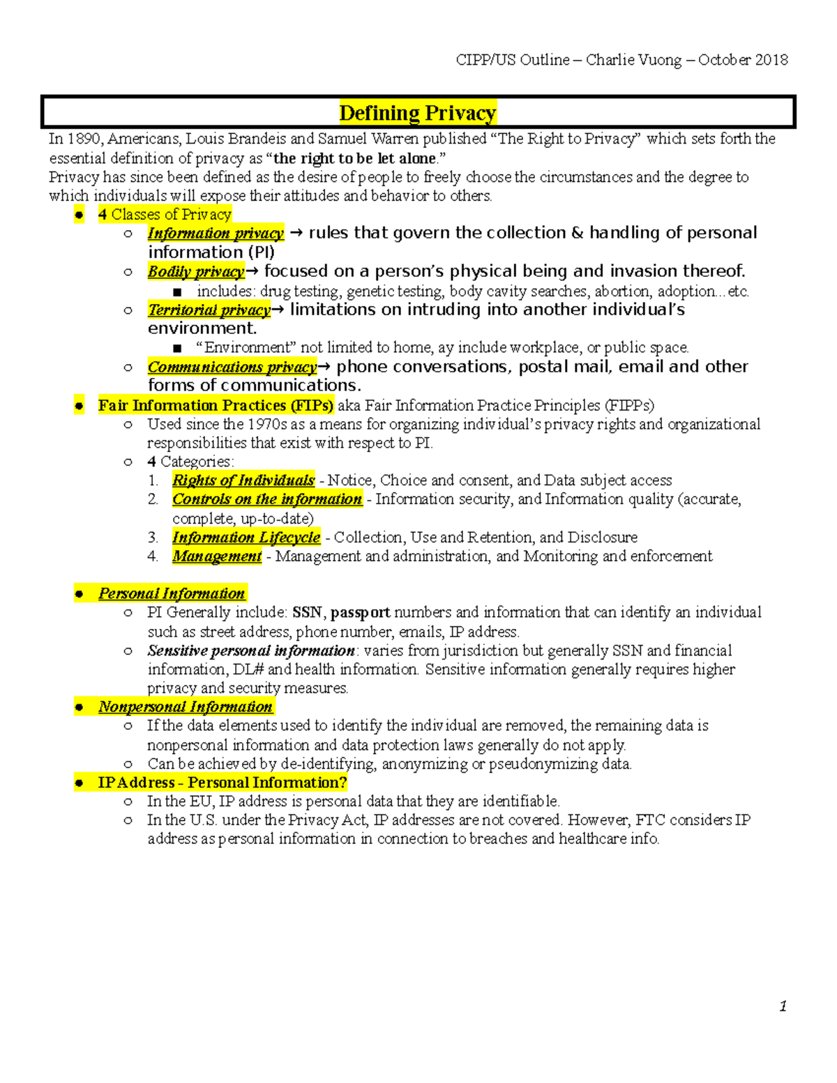 CIPP US Outline CV AS Updates - Defining Privacy In 1890, Americans ...
