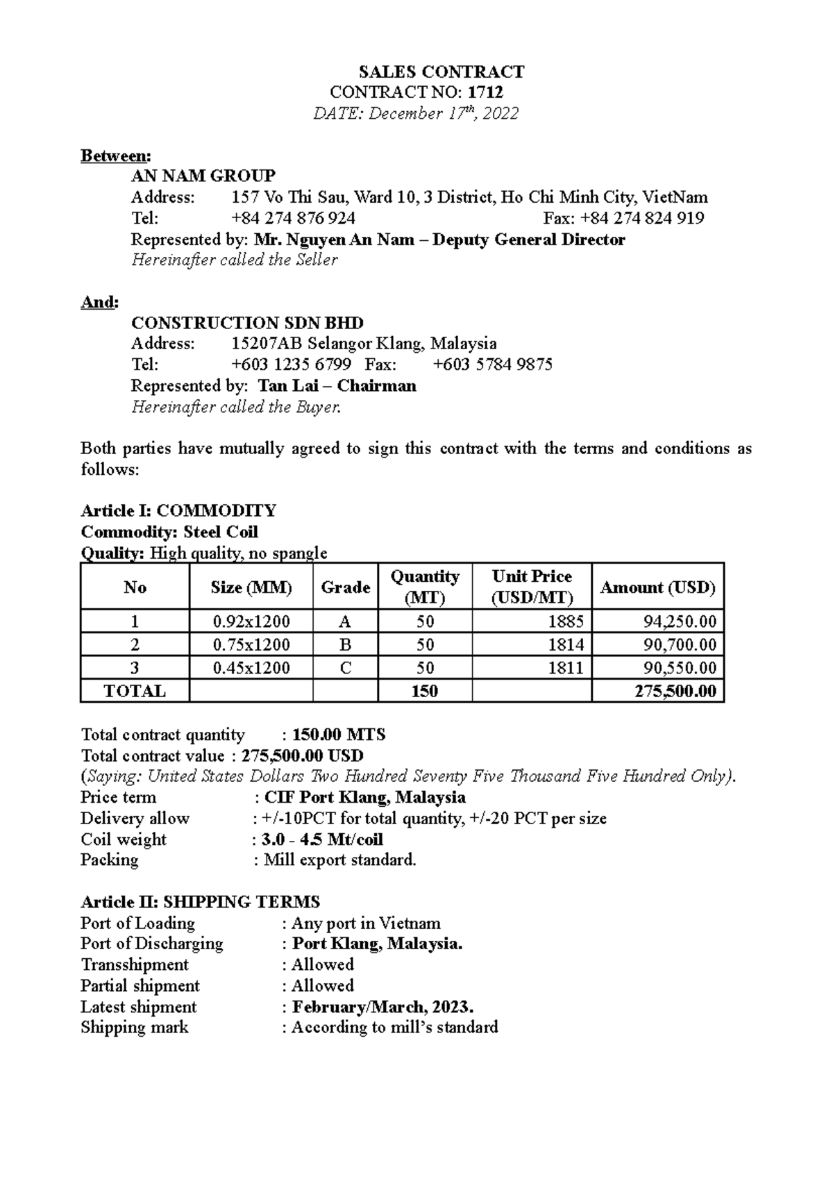 MAU HOP DONG- Steel COIL - SALES CONTRACT CONTRACT NO: 1712 DATE ...