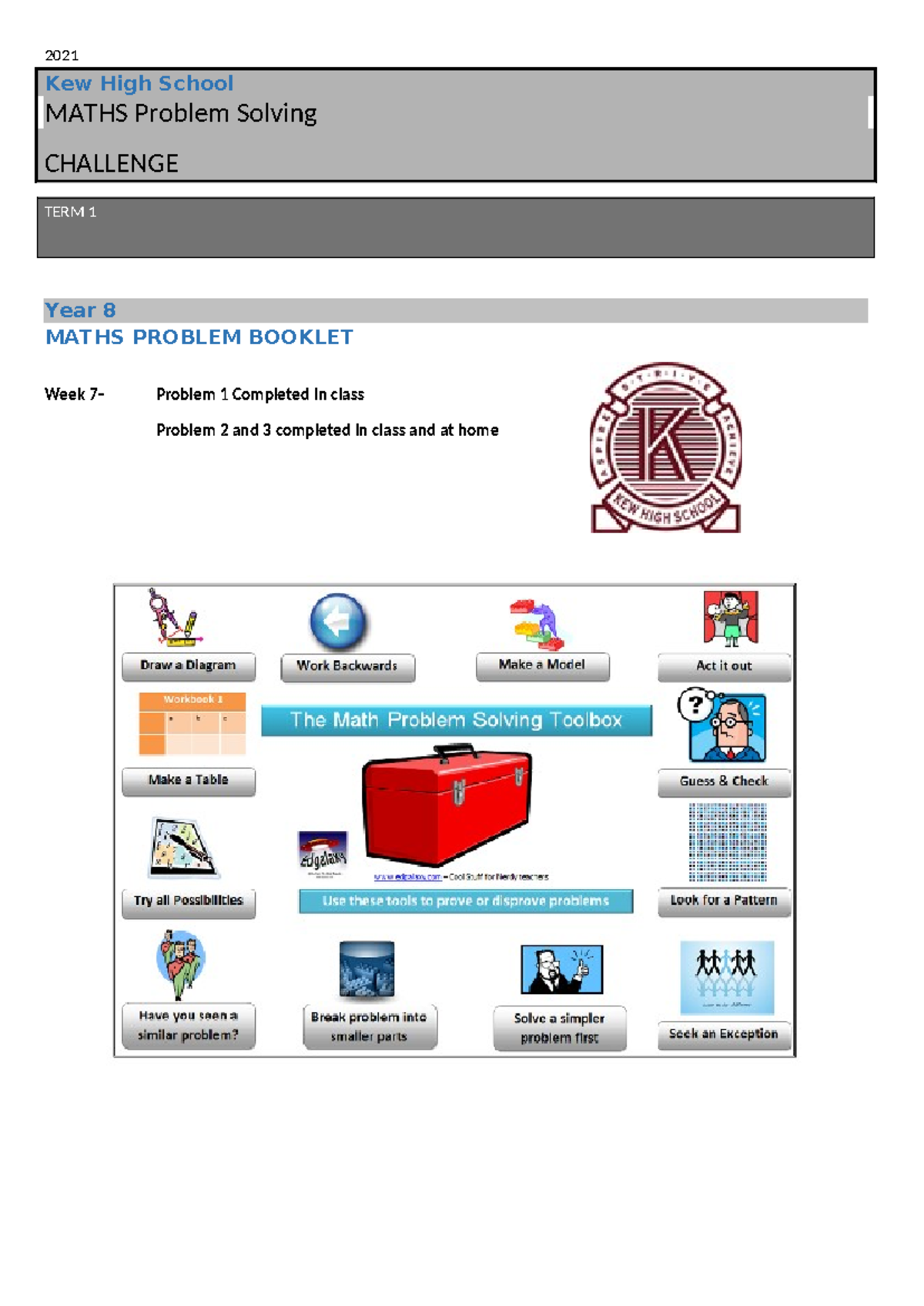 MAT Y08 Kew Challenge Problems 2021 (1) - 2021 Kew High School MATHS ...