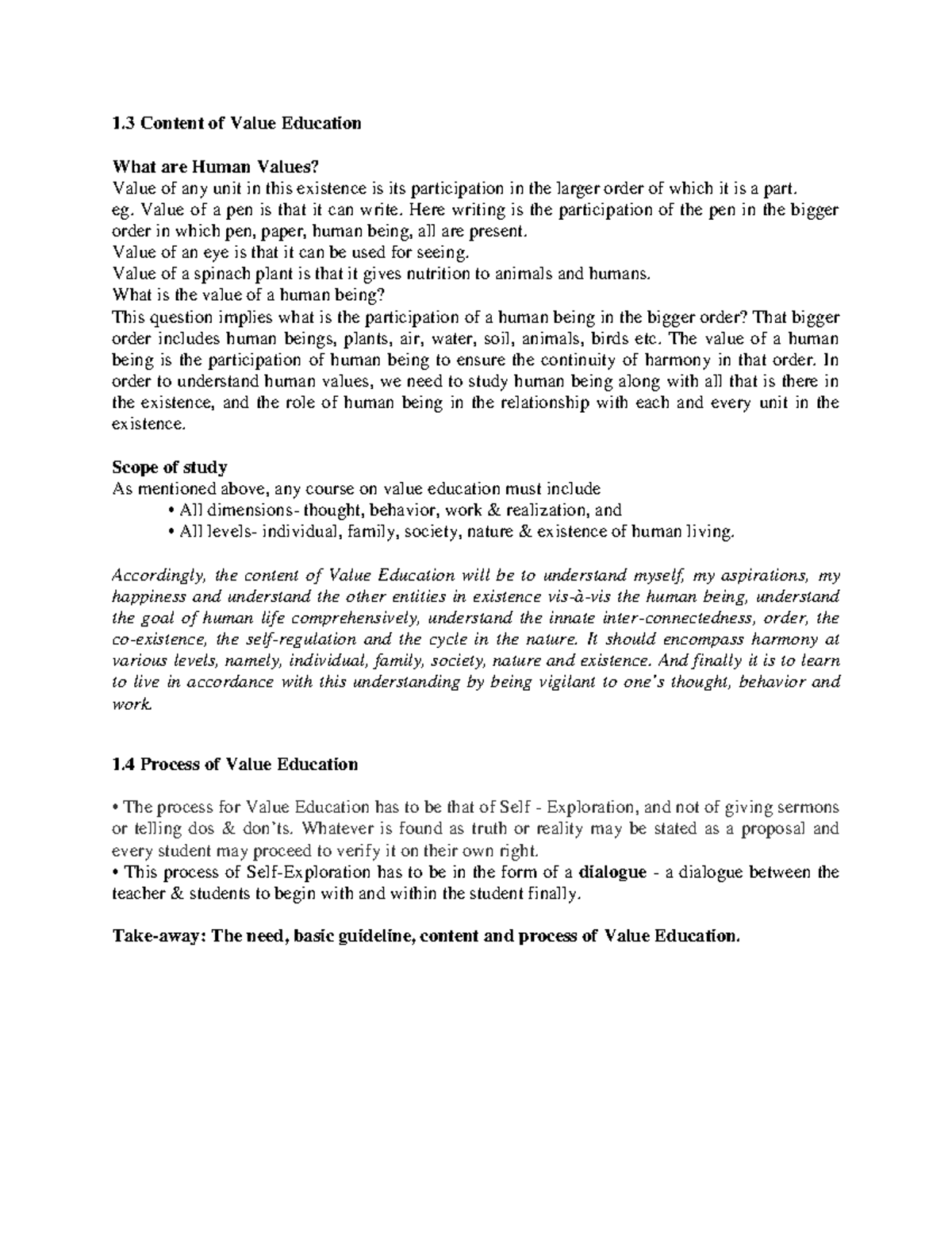 3. Lecture 1 - notes - 1 Content of Value Education What are Human ...