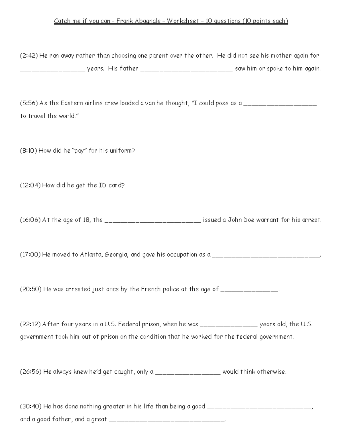 Catch me if you can - Frank Abagnale - Worksheet - 10 questions-1 ...