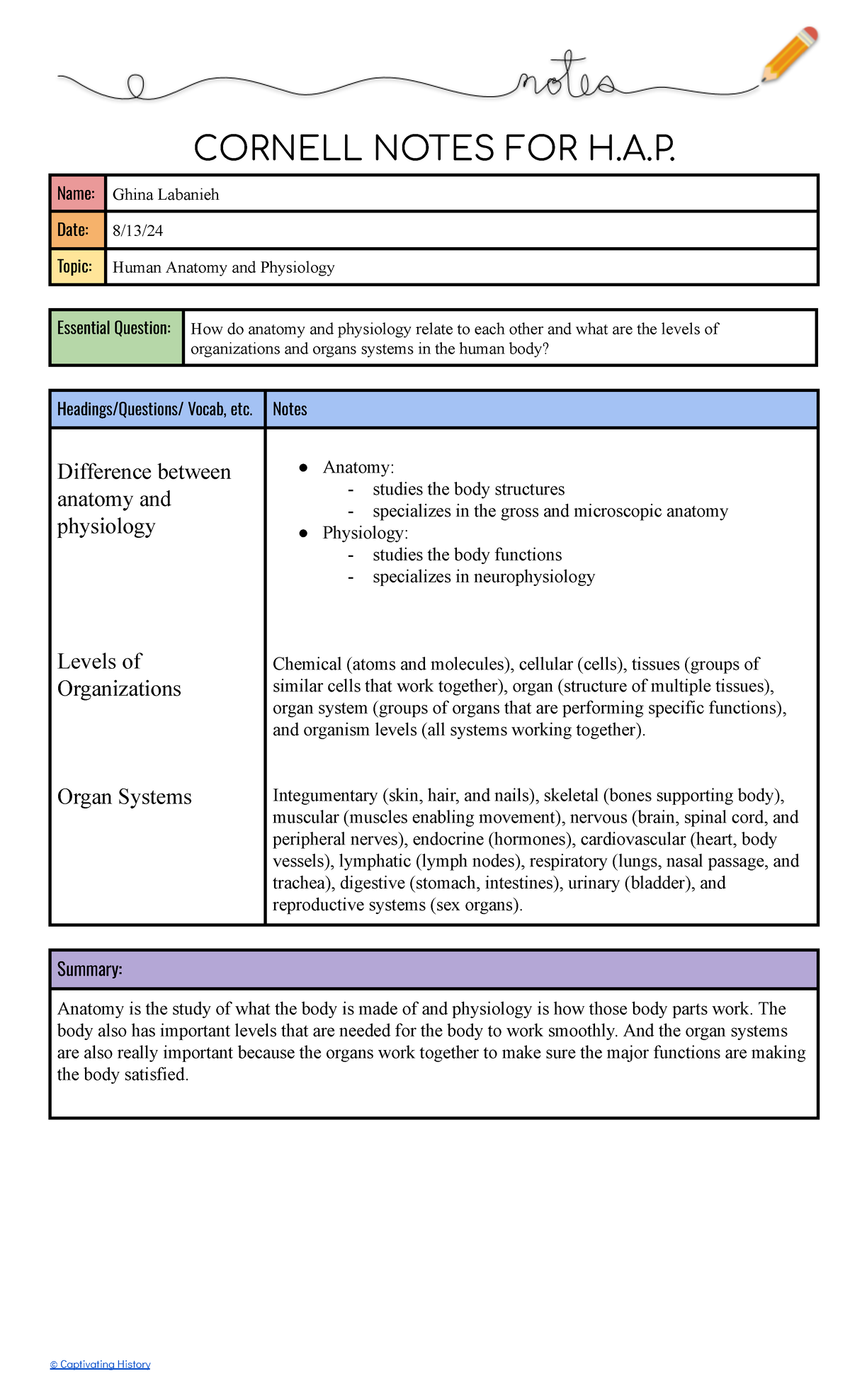 Copy of Cornell Notes Template - CORNELL NOTES FOR H.A. Name: Ghina ...
