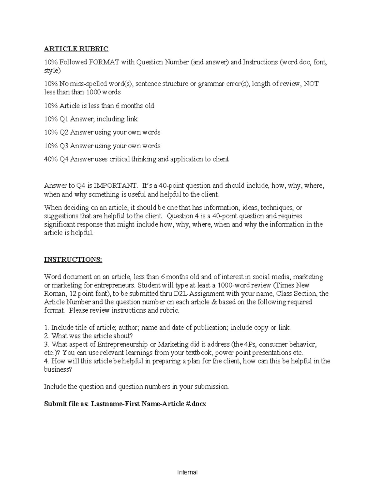 Article Rubric - Internal ARTICLE RUBRIC 10% Followed FORMAT with ...