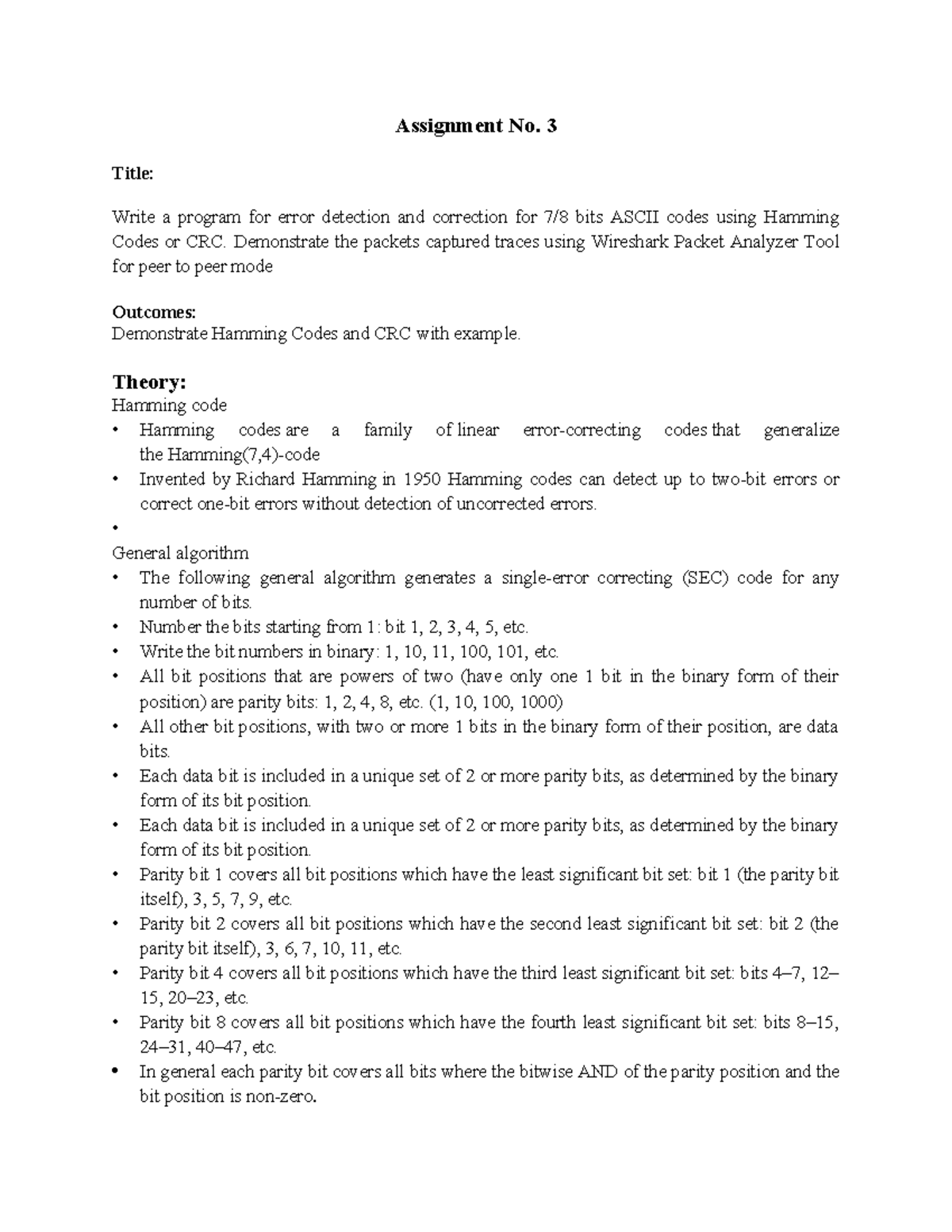 Hamming - Assignment No. 3 Title: Write a program for error detection and correction for 7/8 ...