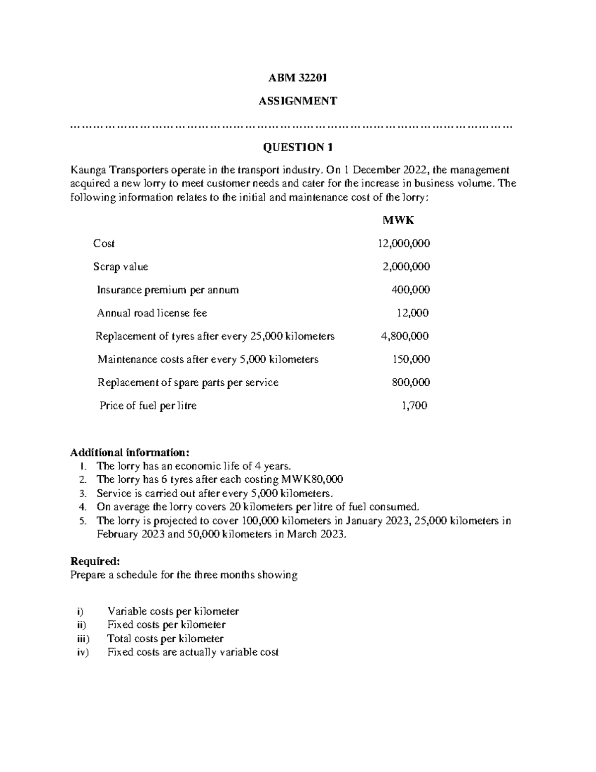 ABM 32201 Cost Accounting Assignment - ABM 32201 ASSIGNMENT - Studocu
