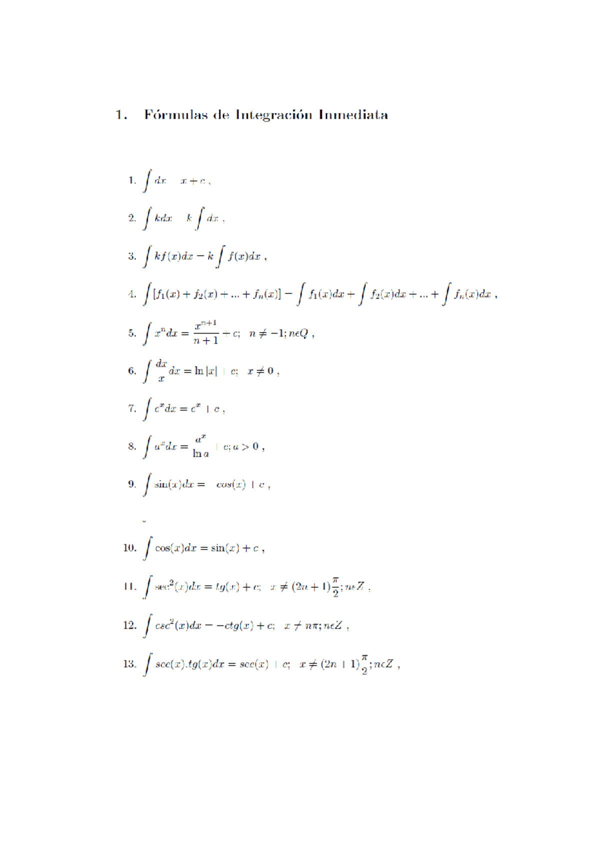 Formulas integracion inmediata - Cálculo diferencial e integral - Studocu