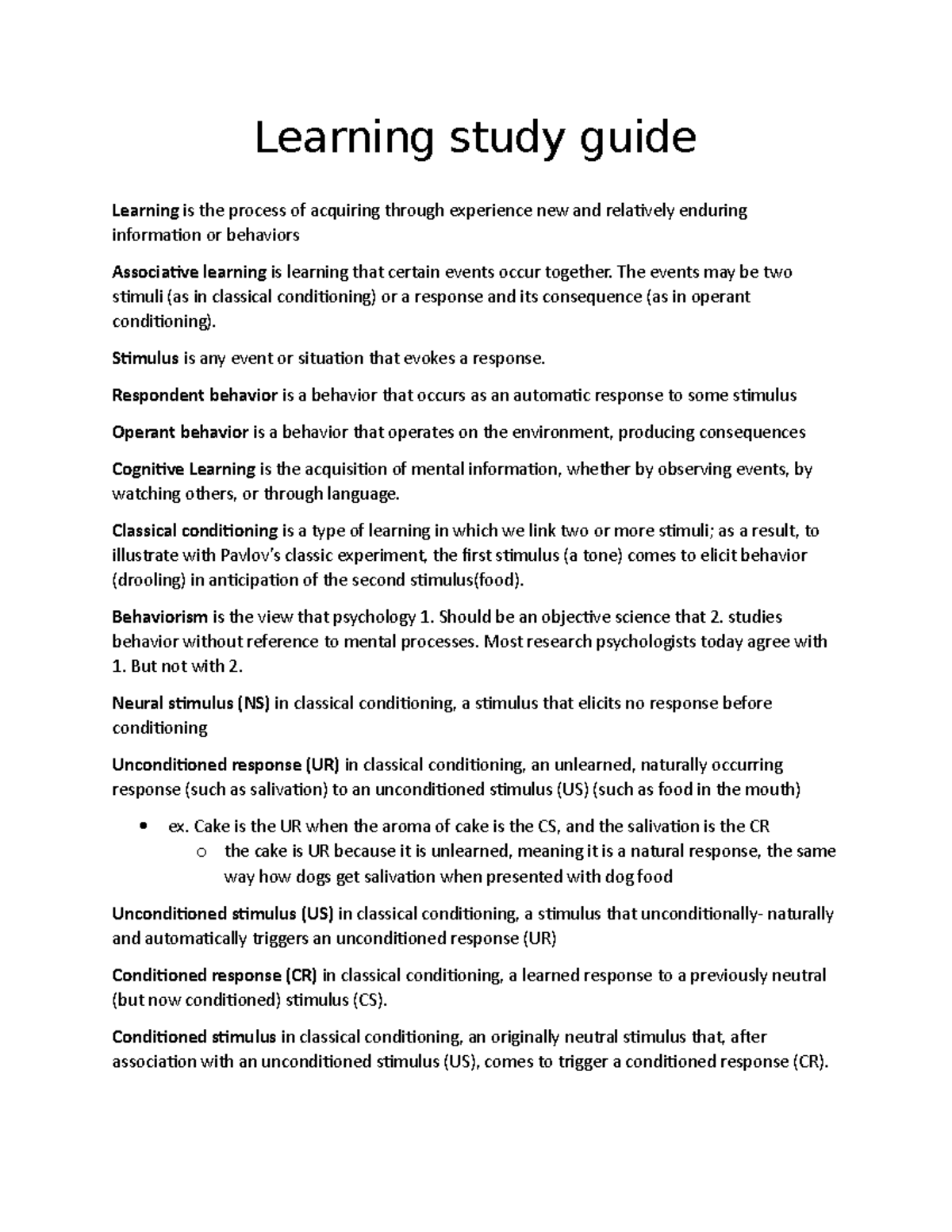Learning study guide - Lecture notes 7 - Learning study guide Learning ...