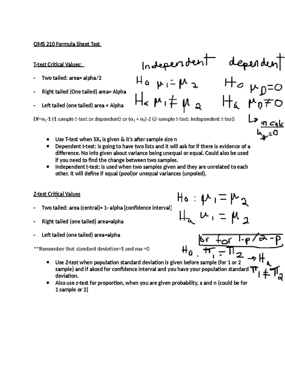 QMS 210 Formula Sheet final - QMS 210 Formula Sheet Test T-test ...