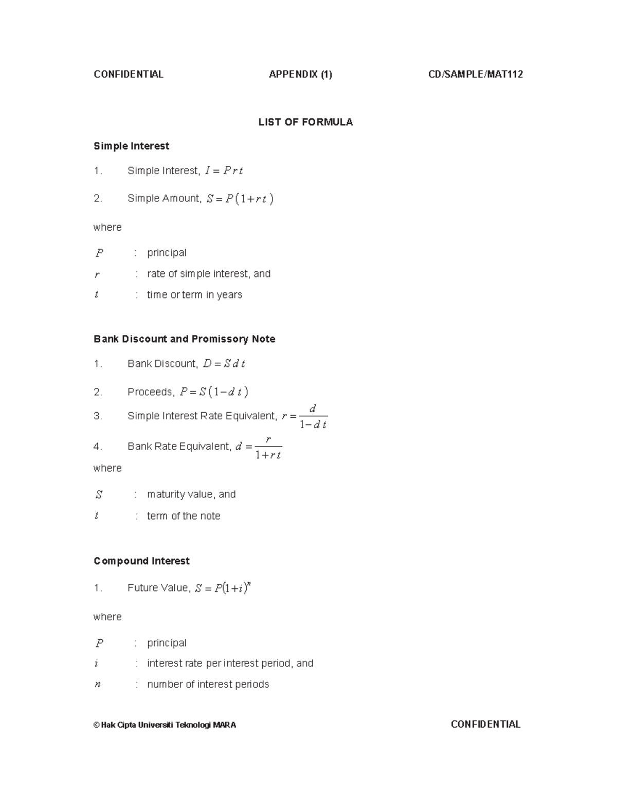 MAT112 Formulas - Appendix - &21),'(17,$/ $33(1',; &' 6$03/( 0$7 /,67 2) )2508/$ 6LPSOH - Studocu