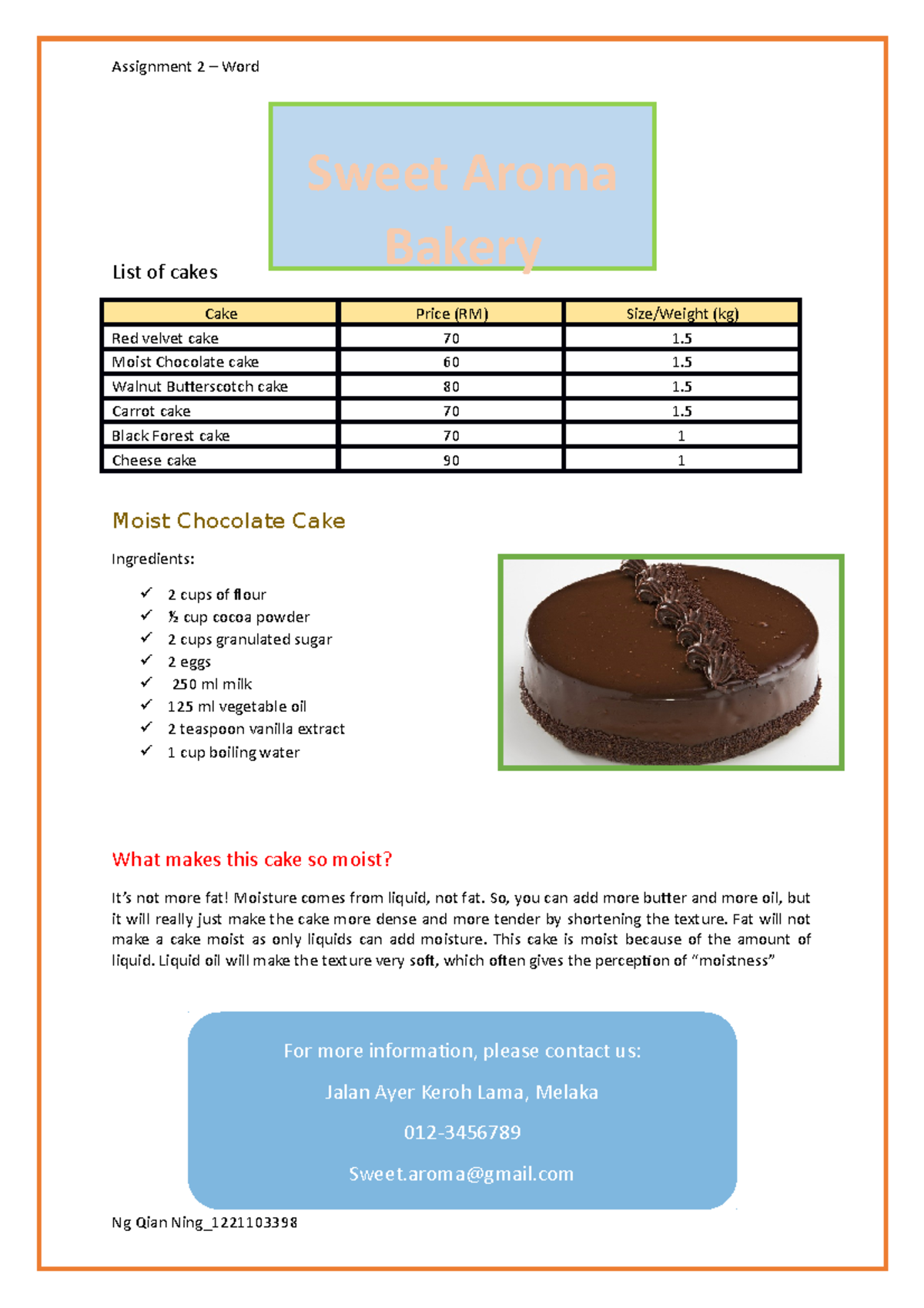 tutorial 2 class work - Assignment 2 – Word List of cakes Cake Price ...