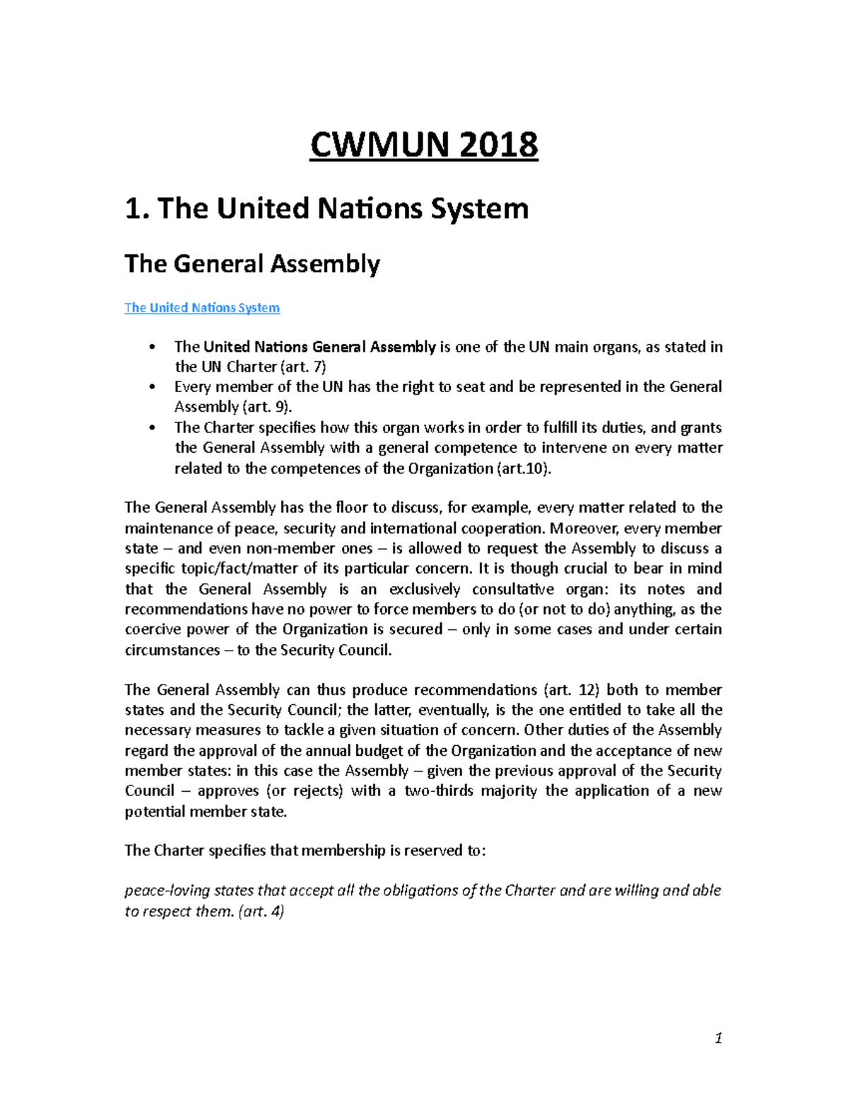 Cwmun 2018 - Nota: 9.0 - CWMUN 2018 1. The United Nations System The ...