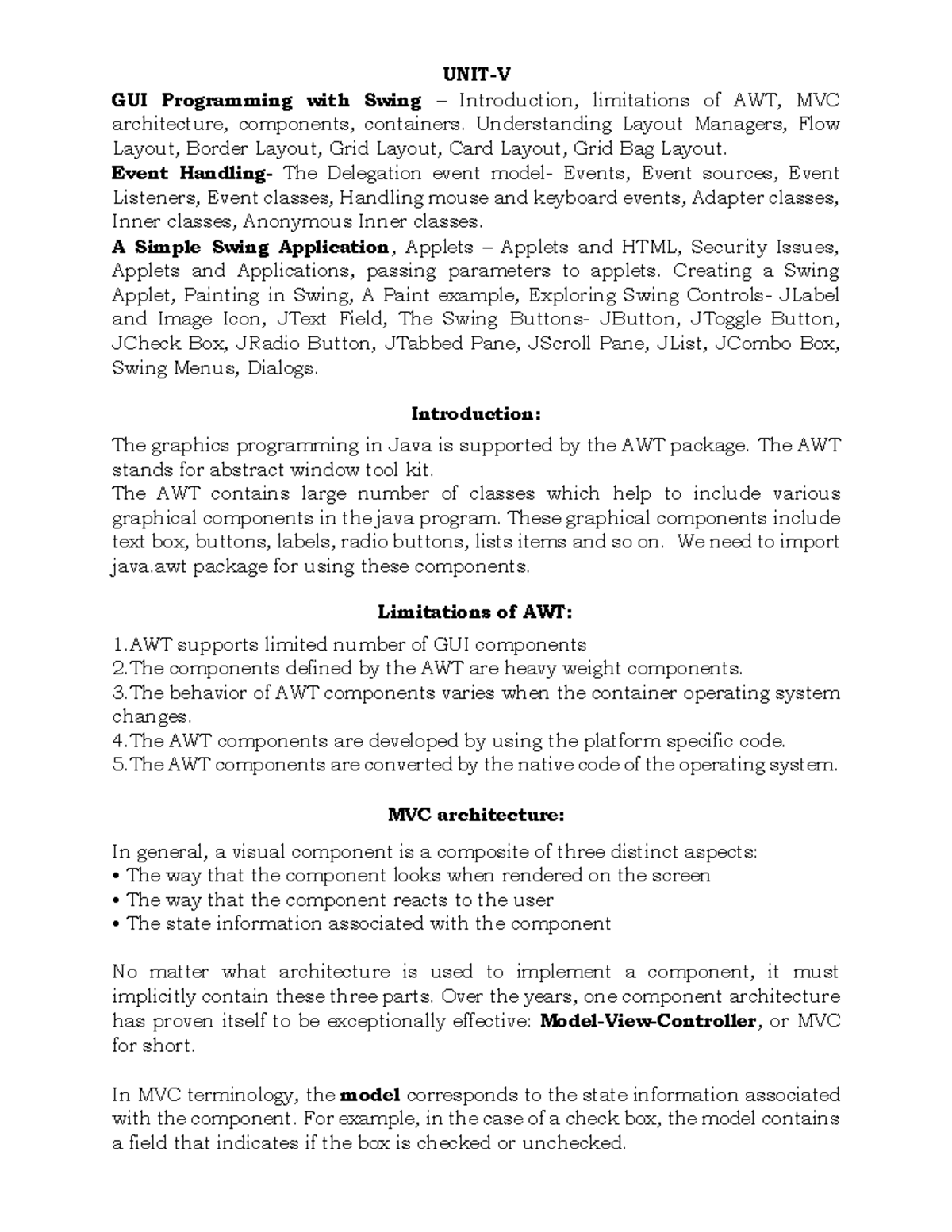UNIT-5 JAVA - java unit-5 r18 syallubus - UNIT-V GUI Programming with Swing – Introduction ...