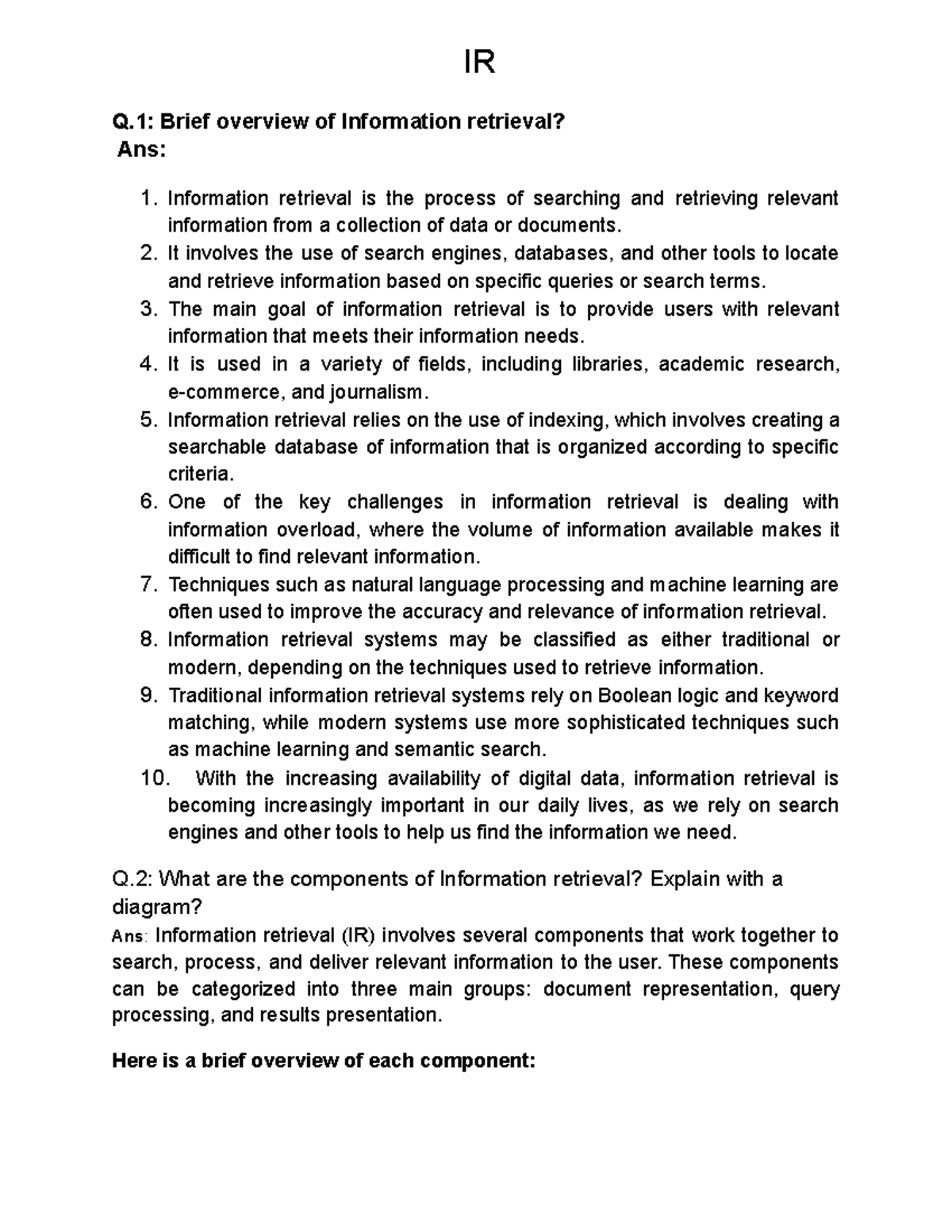 IR- answer bank - Null - IR Q: Brief overview of Information retrieval? Ans: 1. Information ...