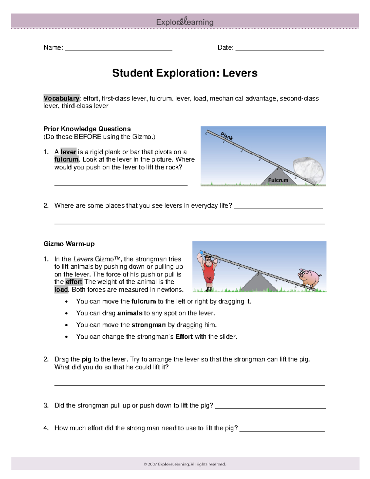 Levers Explore Learning - Name: _____________________________ Date