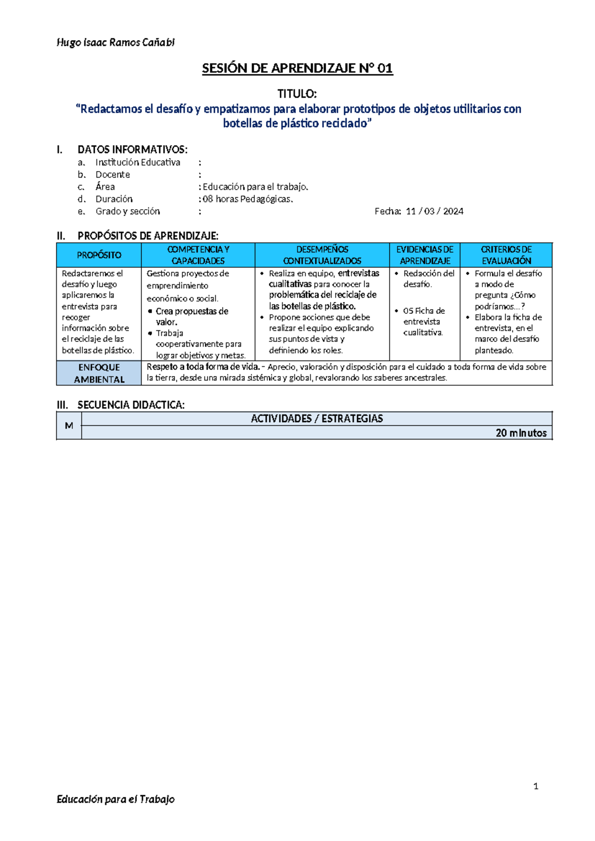 Sesion de Aprendizaje Fase Empatizar - SESIÓN DE APRENDIZAJE N° 01 TITULO: “Redactamos el ...
