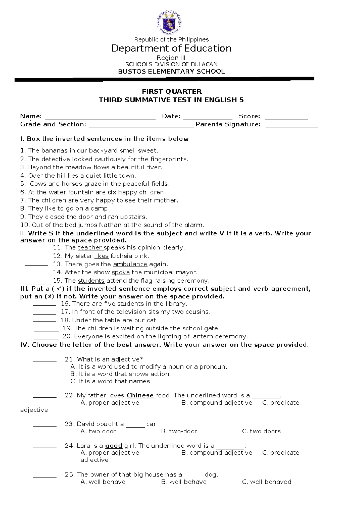 3rd summative English - 33 Republic of the Philippines Department of ...