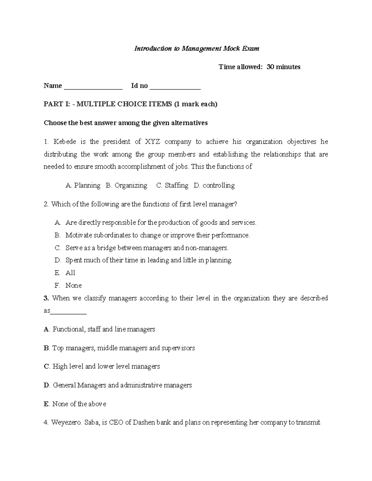 MGMT TEST I FOR Regular - Assignment - Introduction to Management Mock ...