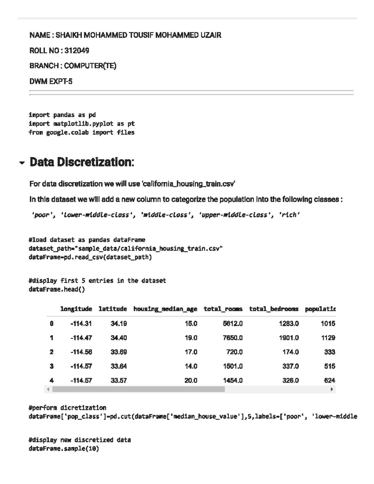 DWM-EXPT-5 312049 - dwm experiment 5 - Data Warehousing & Mining - MU - Studocu