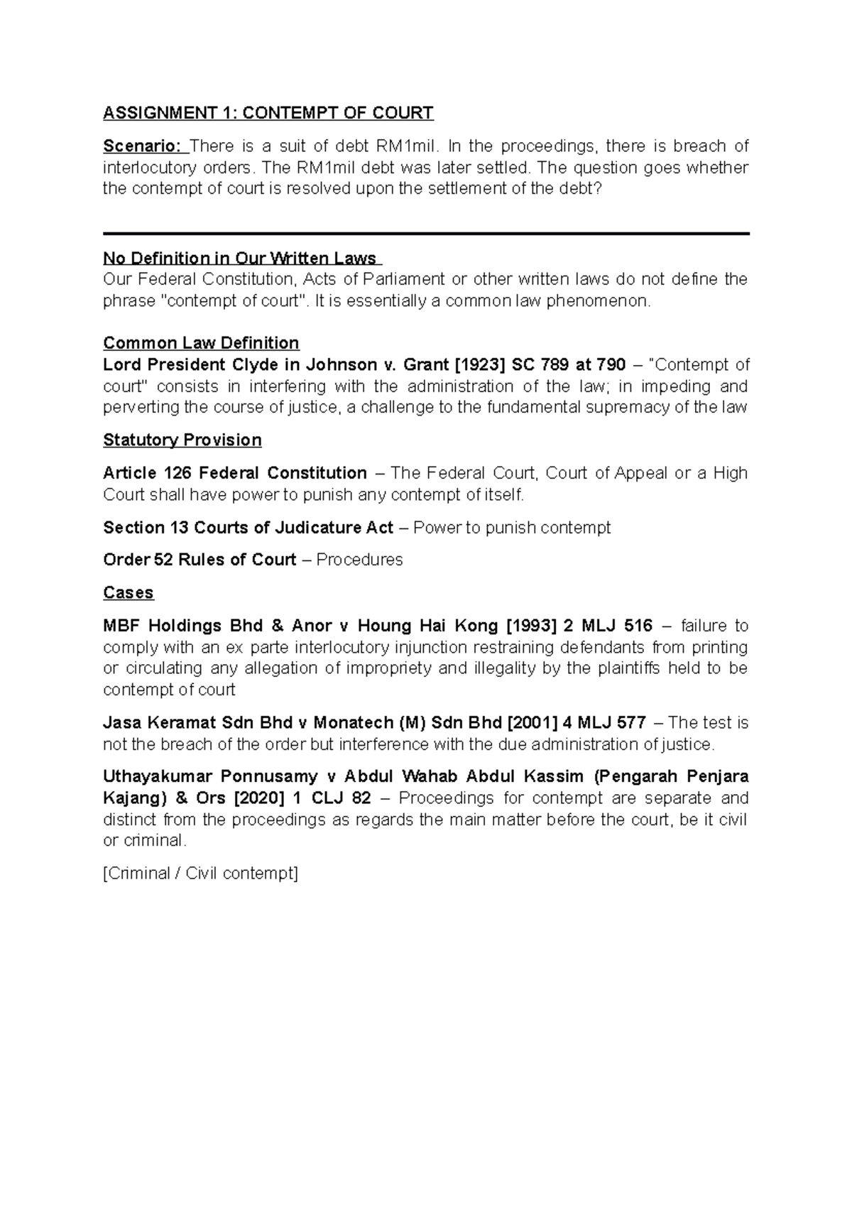 1. Contempt of Court - Directions only - ASSIGNMENT 1: CONTEMPT OF ...