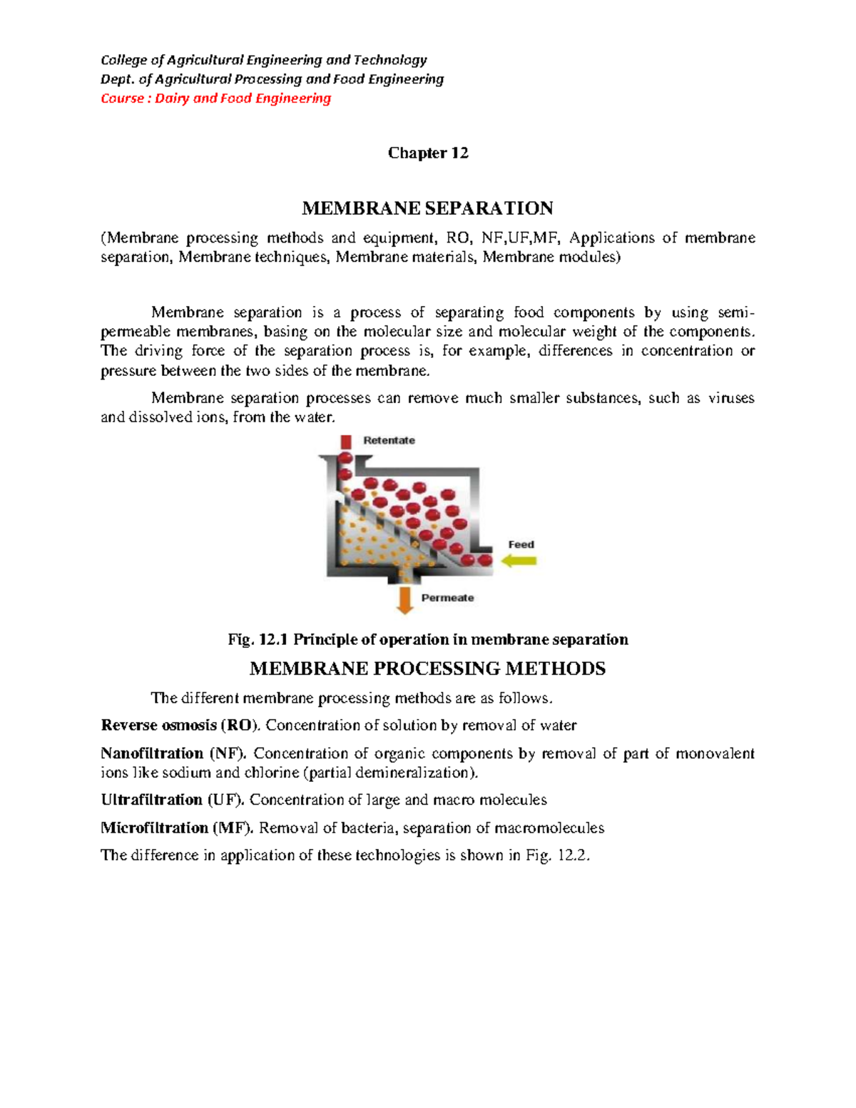 Membrane Separation Engineering - College of Agricultural Engineering ...