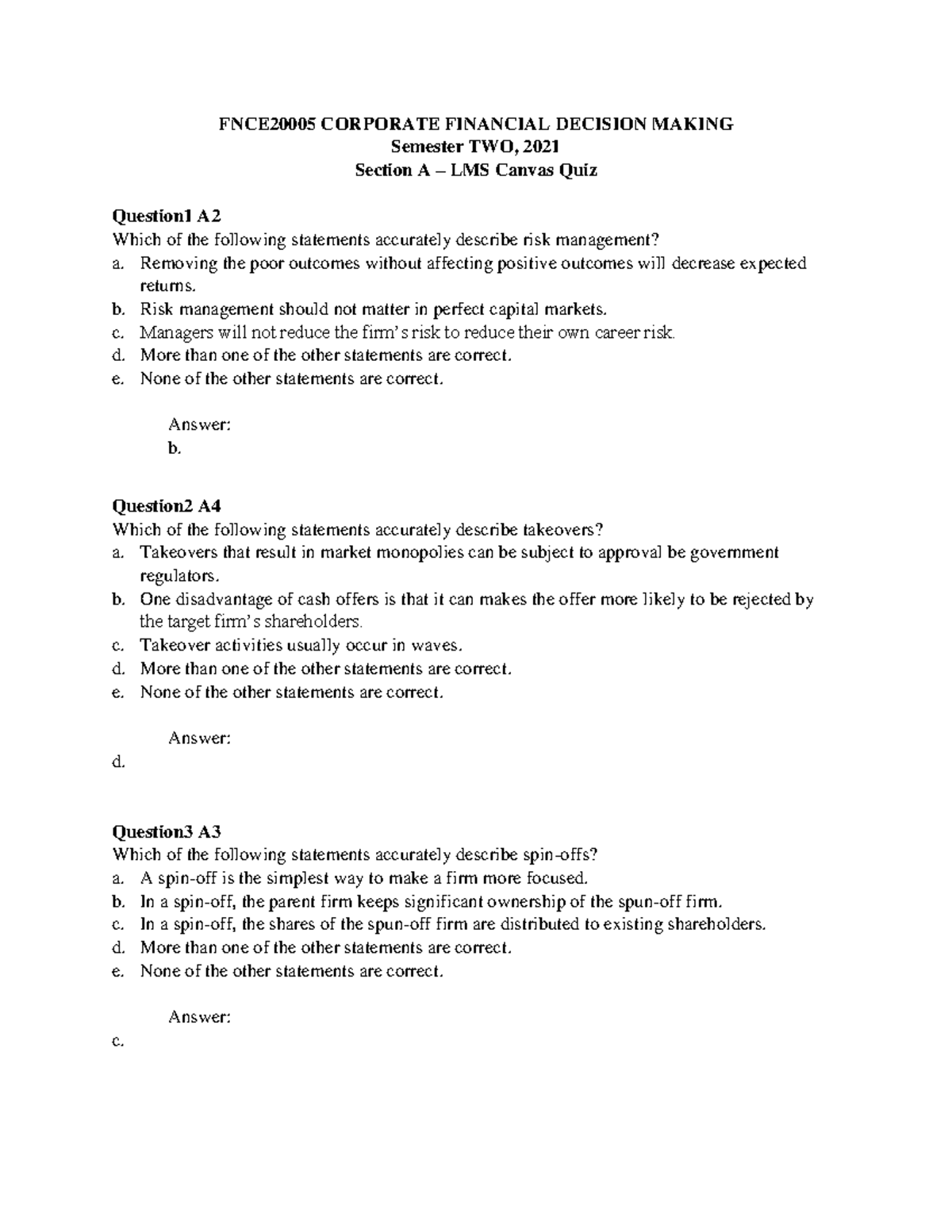 FNCE20005 Corporate Financial Decision Making Section A - Practice Exam ...