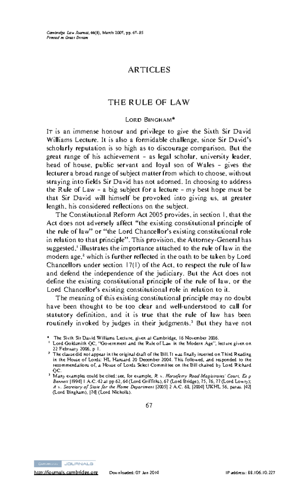 Bingham, The rule of law 2007 66 1 CLJ 67 - ARTICLES THE RULE OF LAW L ...