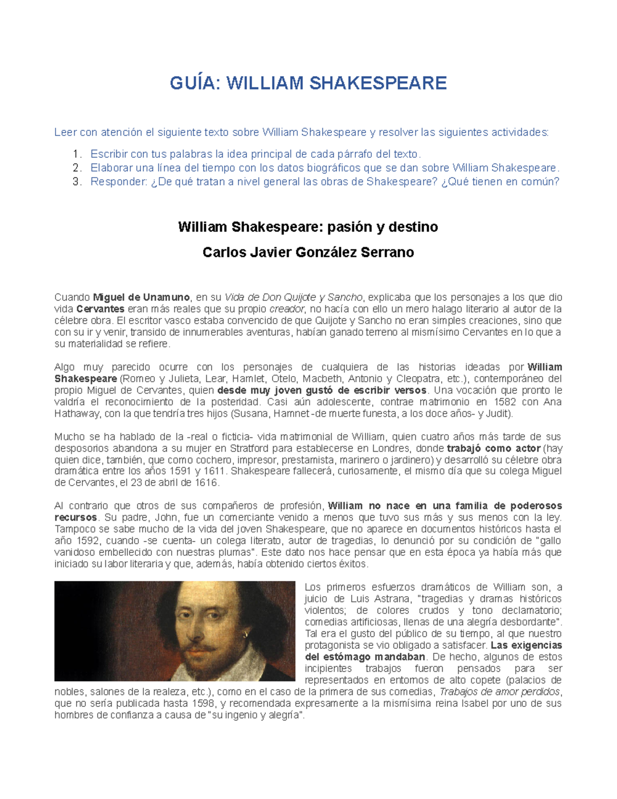 GUÍA Shakespeare - GUÍA: WILLIAM SHAKESPEARE Leer con atención el ...