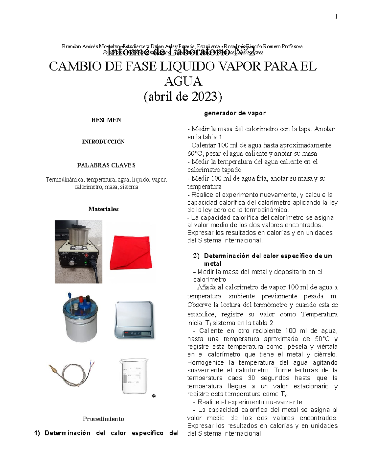 Informe practica de laboratorio 2 - RESUMEN INTRODUCCIÓN PALABRAS CLAVES Termodinámica ...