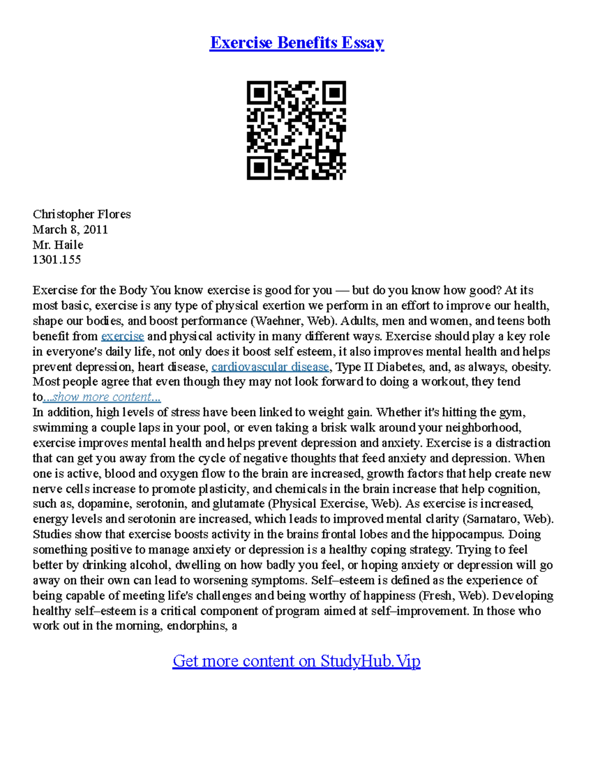 Benefit Of Exercise Essay - Exercise Benefits Essay Christopher Flores ...