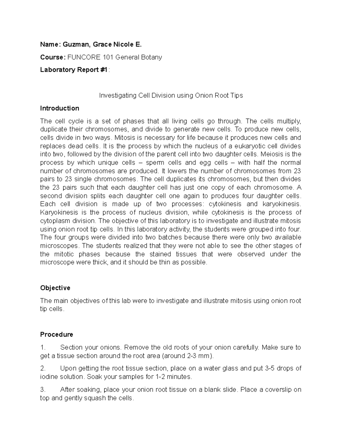 Laboratory Report 1 - PLANTS - Name: Guzman, Grace Nicole E. Course ...