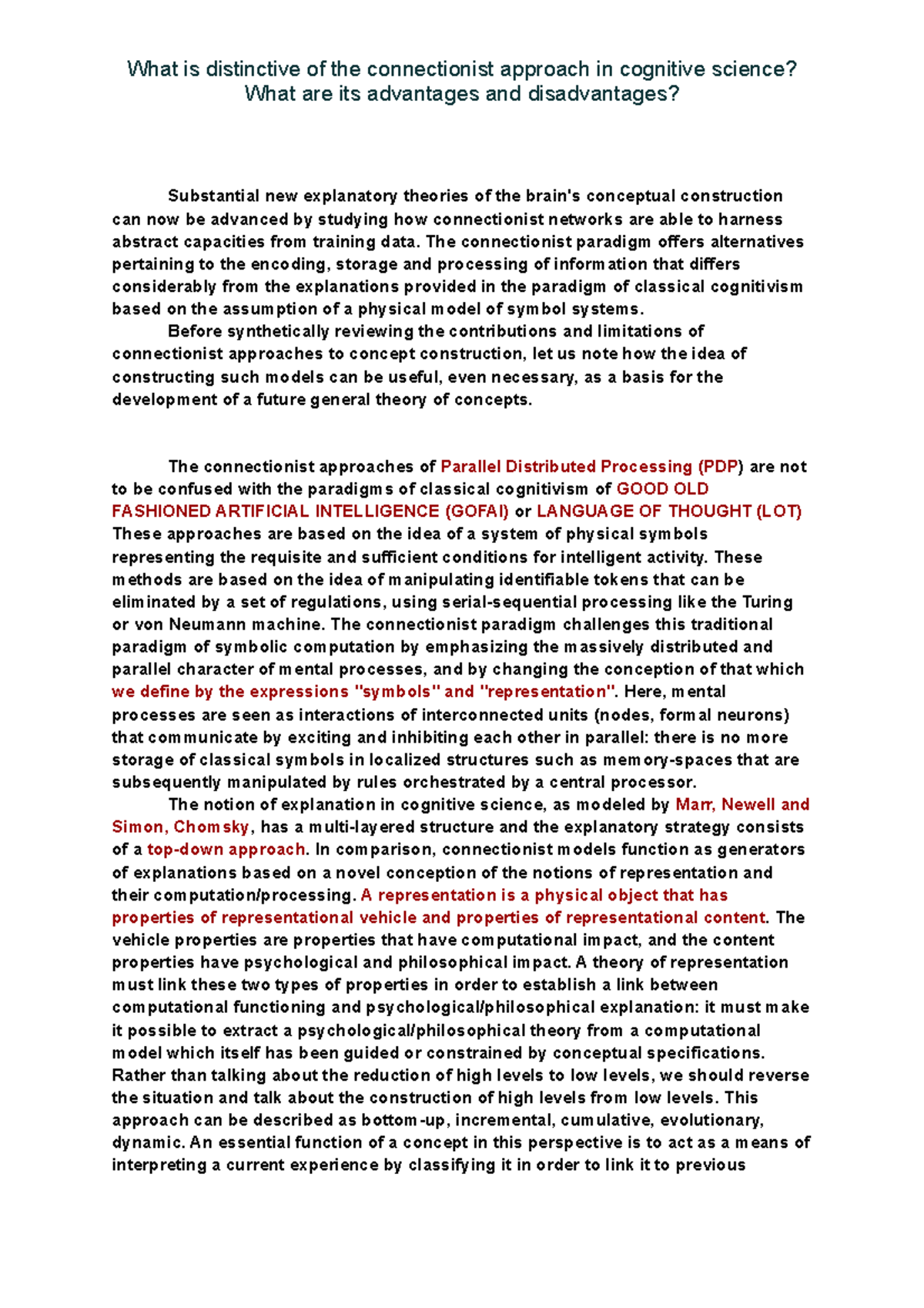 PF Cog Sc - class notes - What is distinctive of the connectionist ...