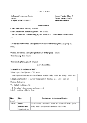 Lesson PLAN 7 - LESSON PLAN Submitted by: Ayesha Shoaib. Lesson Plan ...