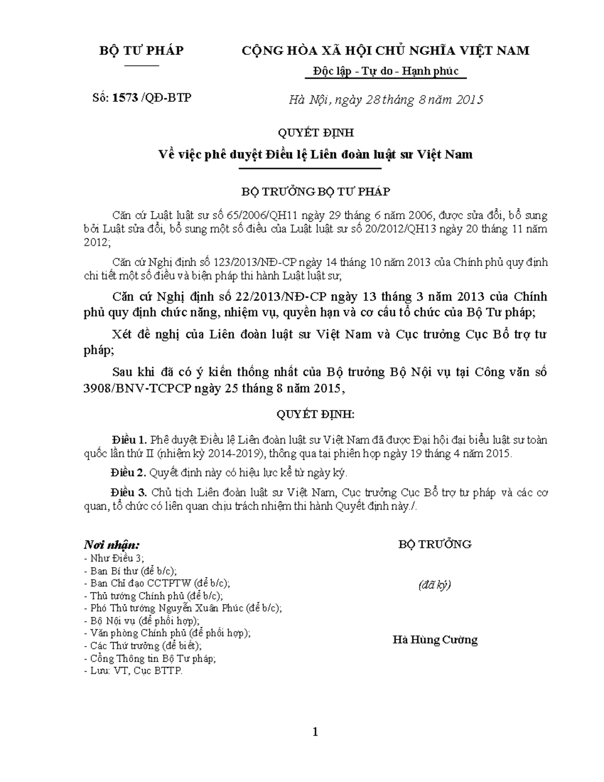 Dieu le Lien doan luat su Viet Nam 288 2 - BỘ TƯ PHÁP __________ Số: 1573 /QĐ-BTP CỘNG HÒA XÃ ...