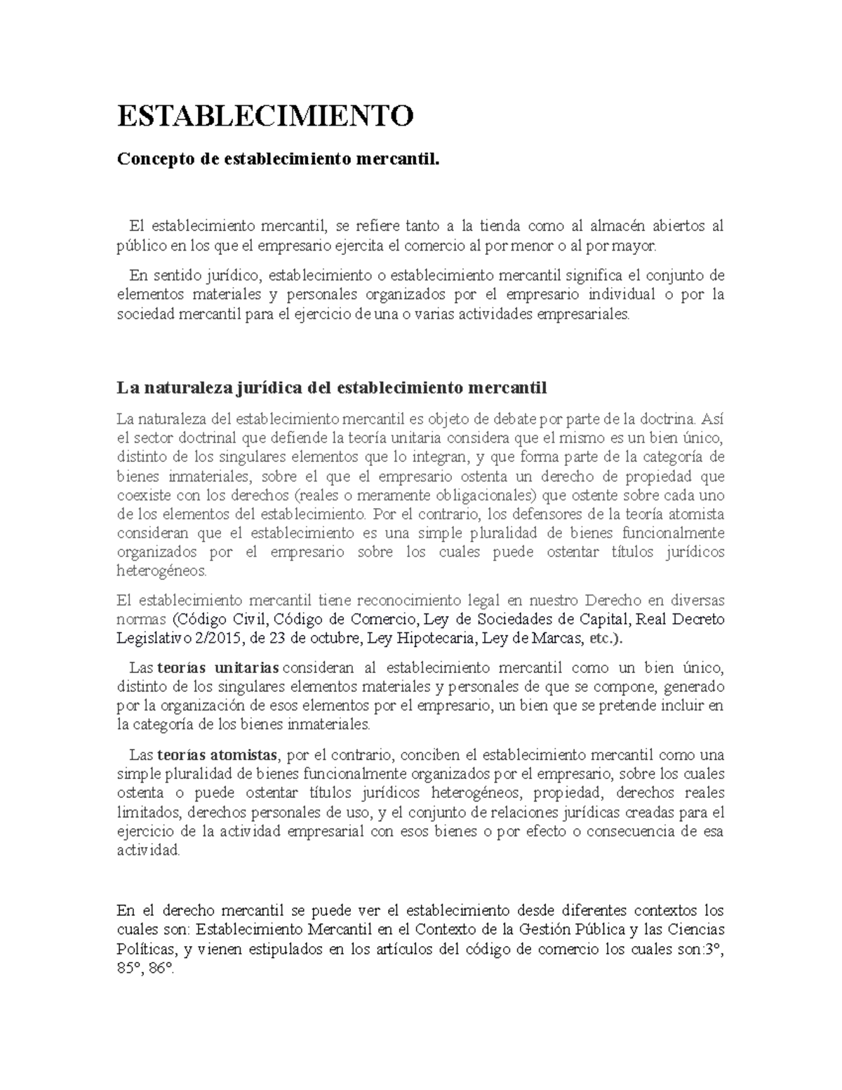 Establecimiento - El establecimiento mercantil, se refiere tanto a la ...