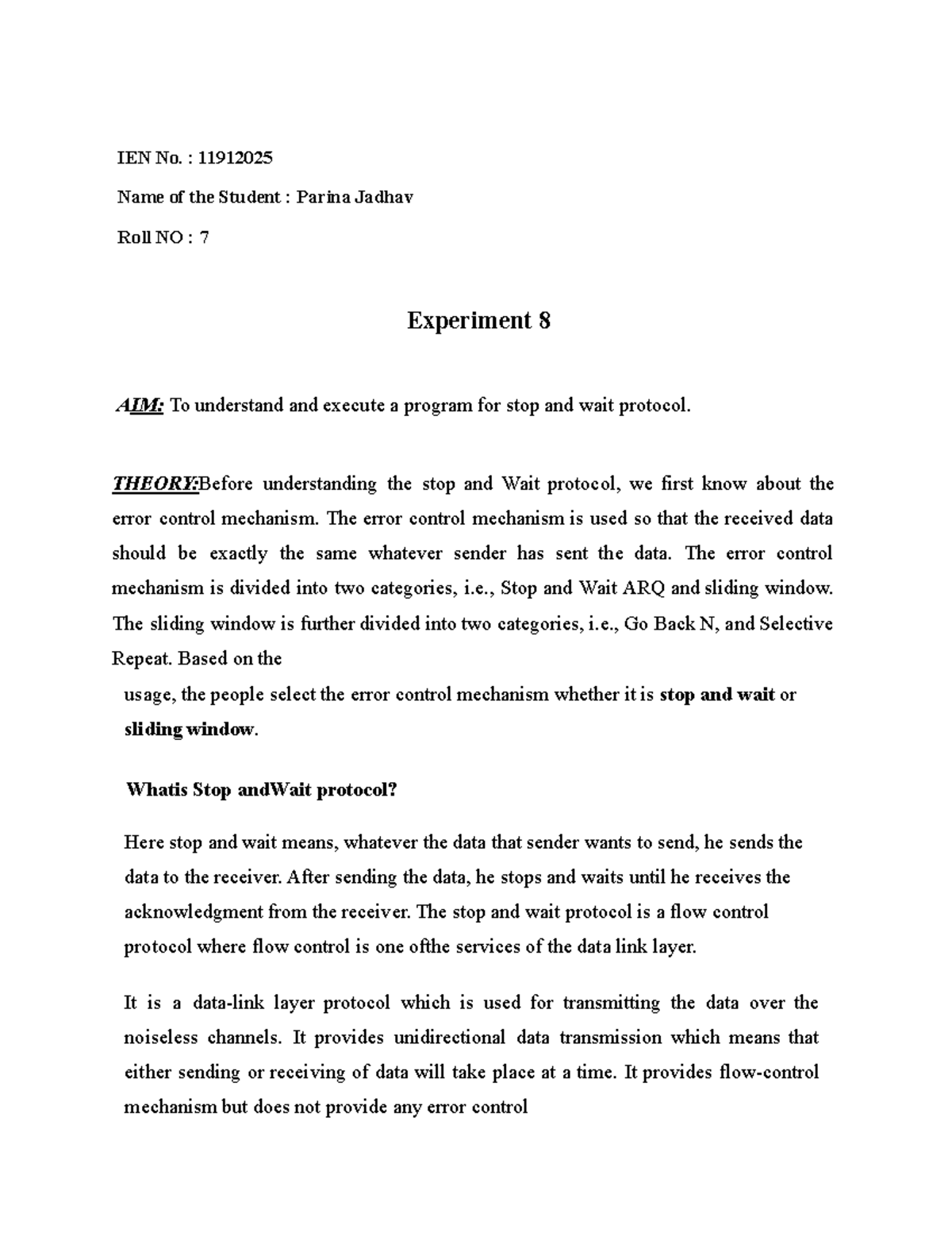 Computer Network Experiment No 8 - IEN No. : 11912025 Name of the ...